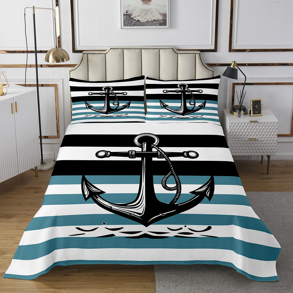 Nautical Anchor King Quilt Set,Teal Black and White Striped Bedding Set ...