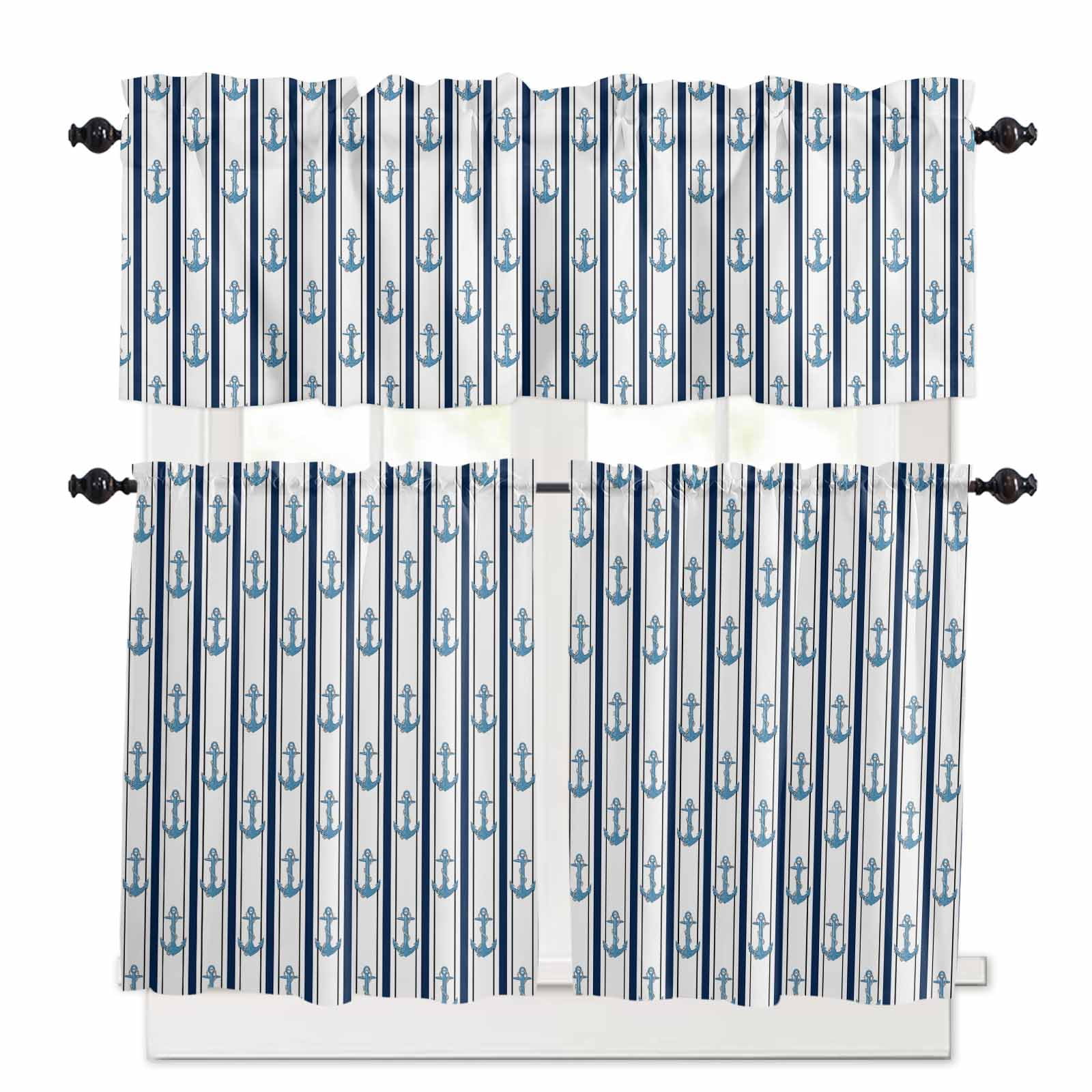 Nautical Anchor Kitchen Curtains Set for Windows 3 Pieces,24 Inch ...