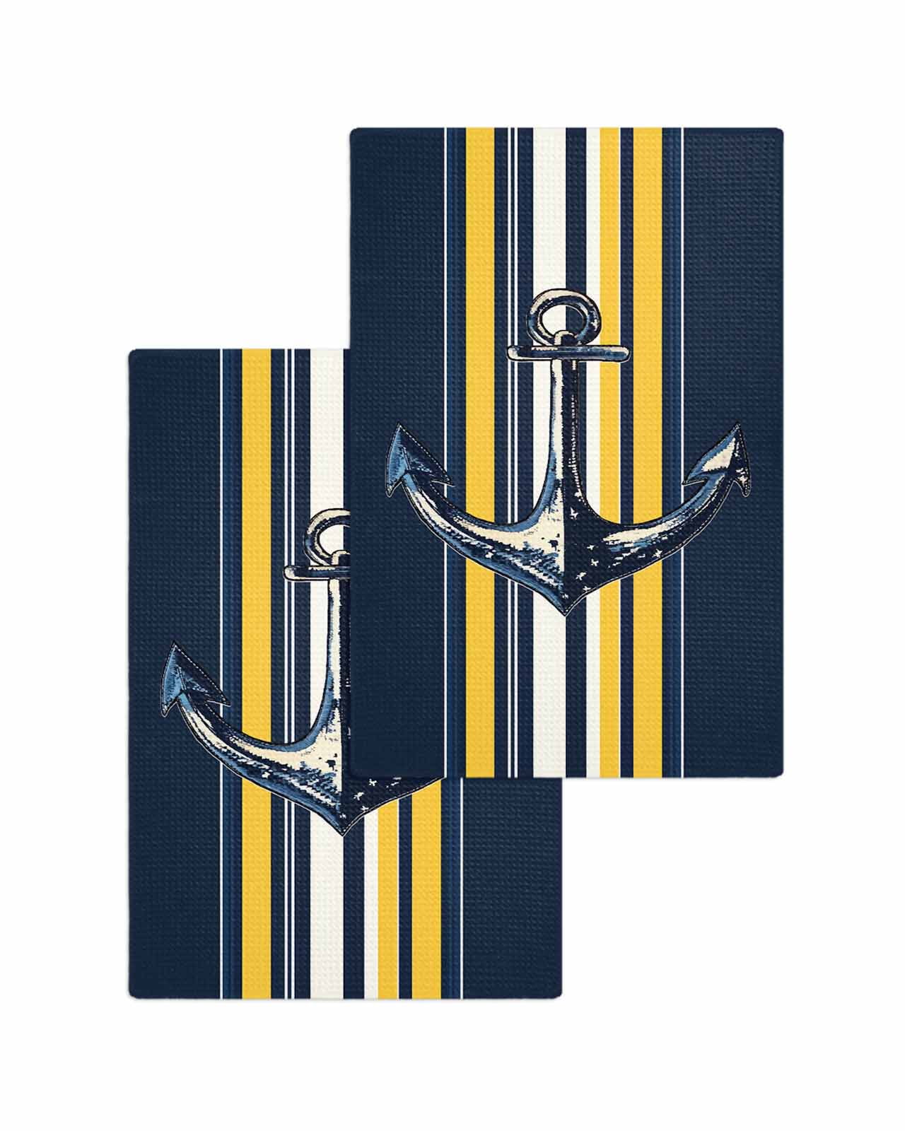 Nautical Anchor Kitchen Dish Towels for Drying Dishes Set of 2, Navy Blue Yellow Striped ...