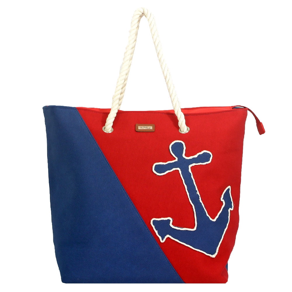 Nautical Anchor Large Tote Bag with Rope Handles - Red/Blue Beach Tote ...
