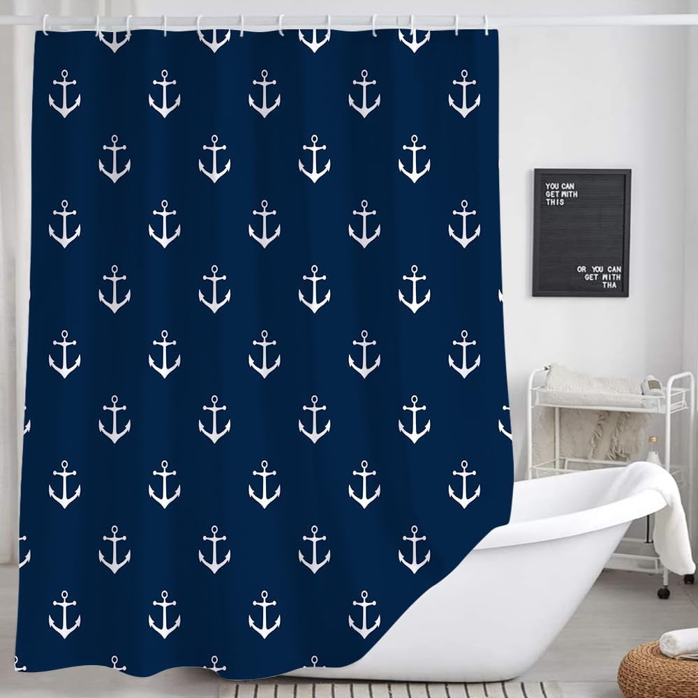 Nautical Anchor Long Shower Curtain for Bathroom, Navy Blue Beach ...