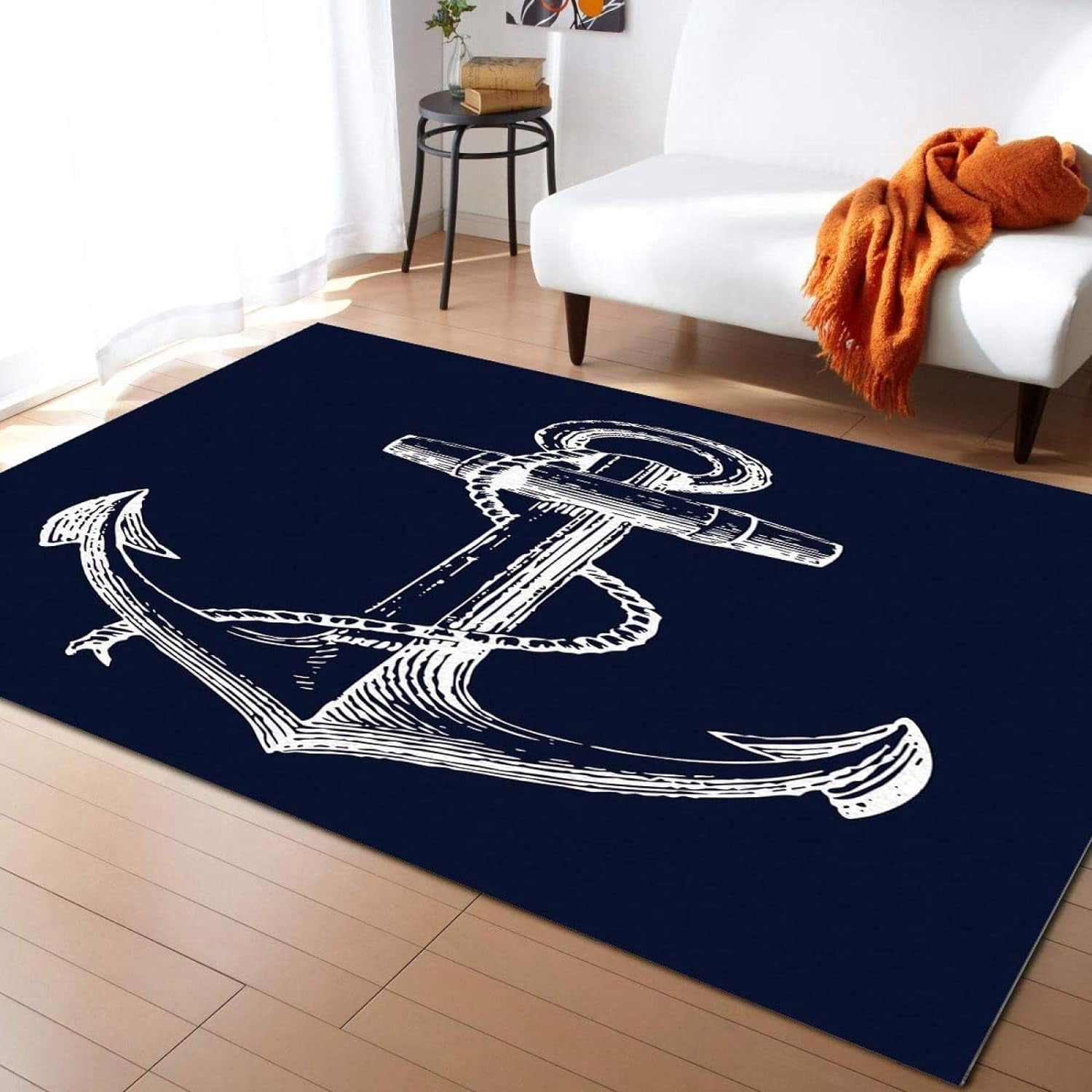 Nautical Anchor Navy Blue Area Rugs, Anchor Compass Large Rug, Indoor ...