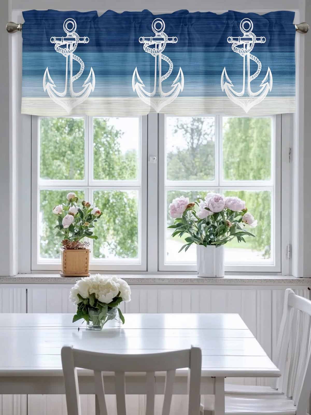 Nautical Anchor Navy Blue Gradient Valances for Windows,Kitchen Valance ...