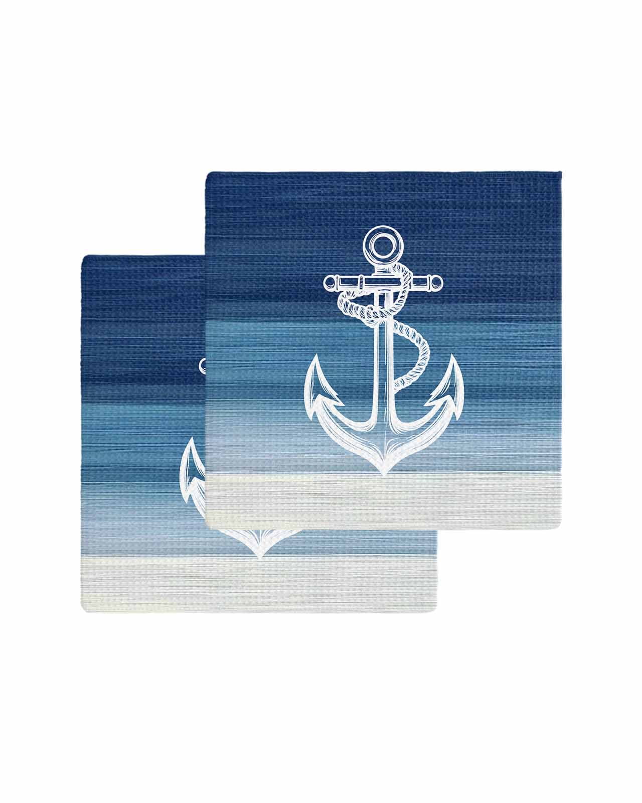 Nautical Anchor Navy Blue Kitchen Dish Towels for Drying Dishes Set of 2, Coastal Ocean Ombre ...