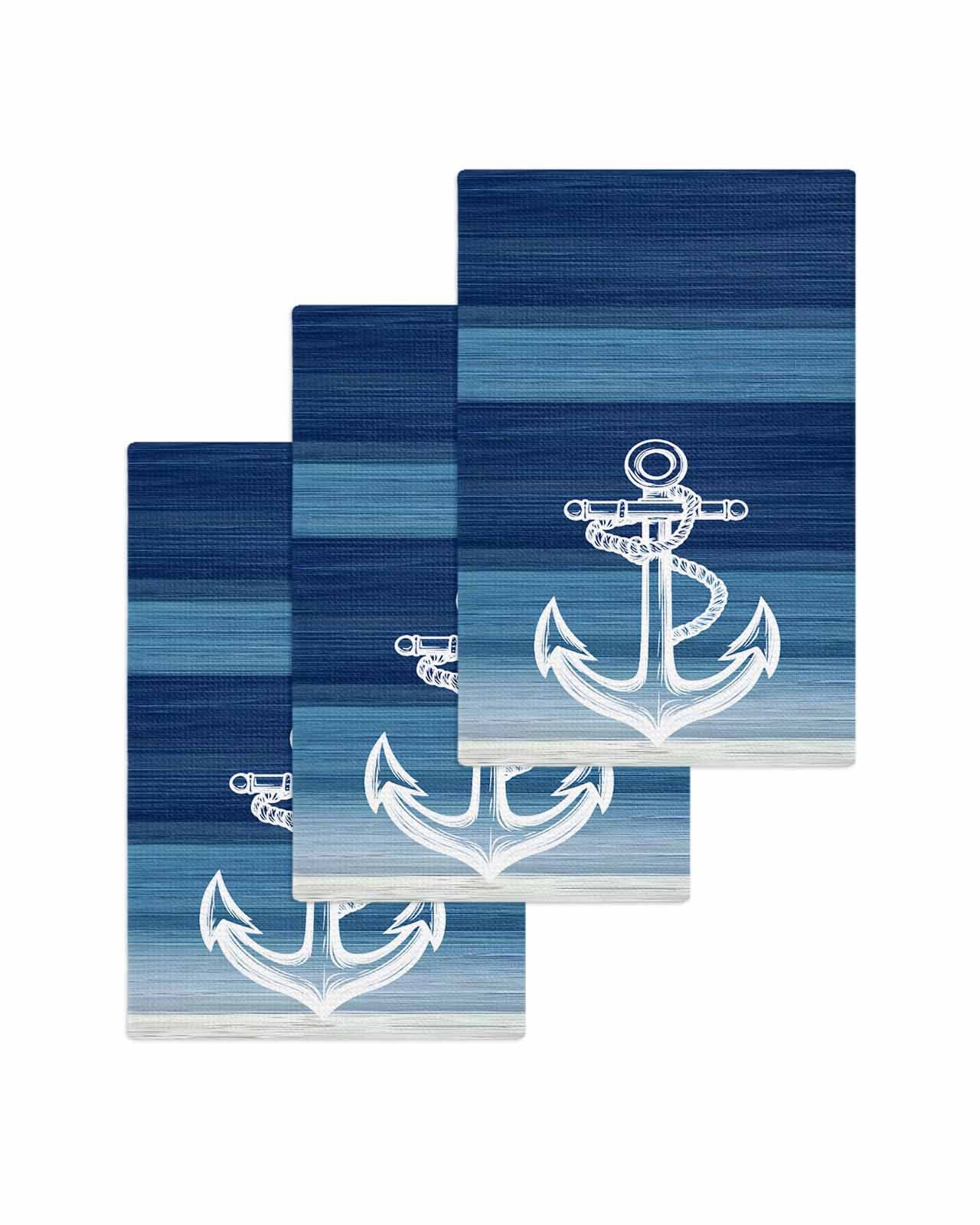 Nautical Anchor Navy Blue Kitchen Dish Towels for Drying Dishes Set of 3, Coastal Ocean Ombre ...