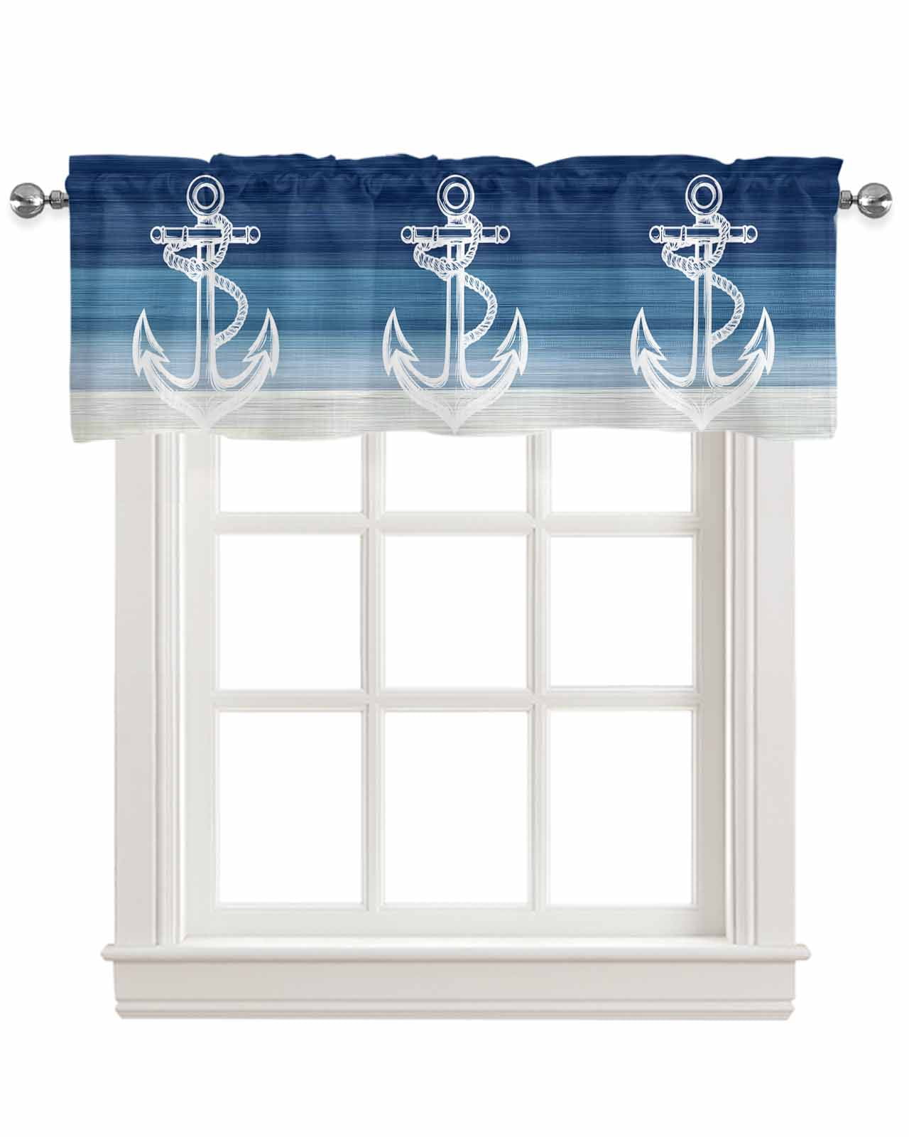 Nautical Anchor Navy Blue Kitchen Valances for Windows Farmhouse Linen ...