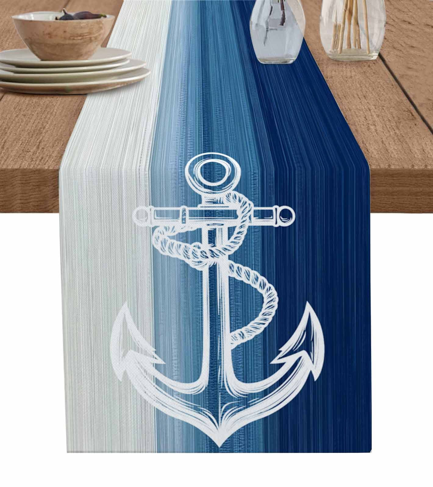 Nautical Anchor Navy Blue Table Runner 72 Inches, Coastal Ocean Ombre ...