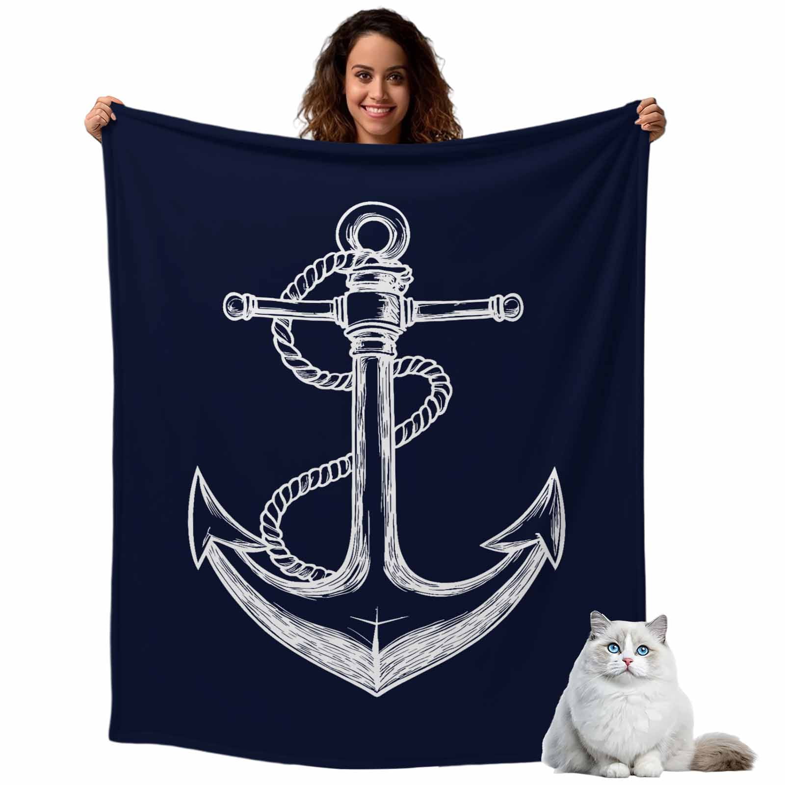 Nautical Anchor Navy Blue Throw Blanket Flannel Fleece Throws, Ocean ...