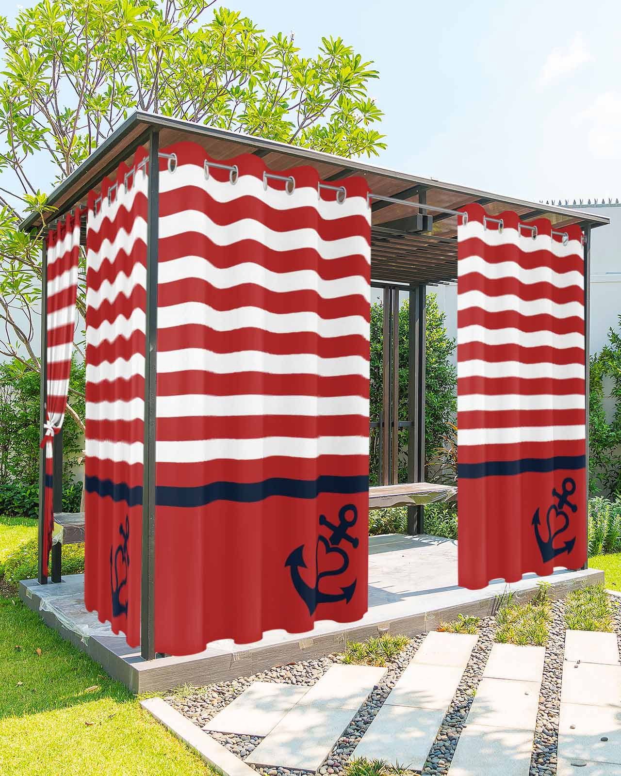 Nautical Anchor Outdoor Curtains for Patio, Red White Geometric ...