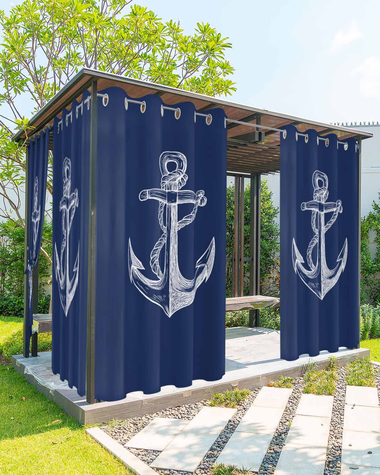 Nautical Anchor Outdoor Curtains for Patio Waterproof,Navy Blue Coastal ...