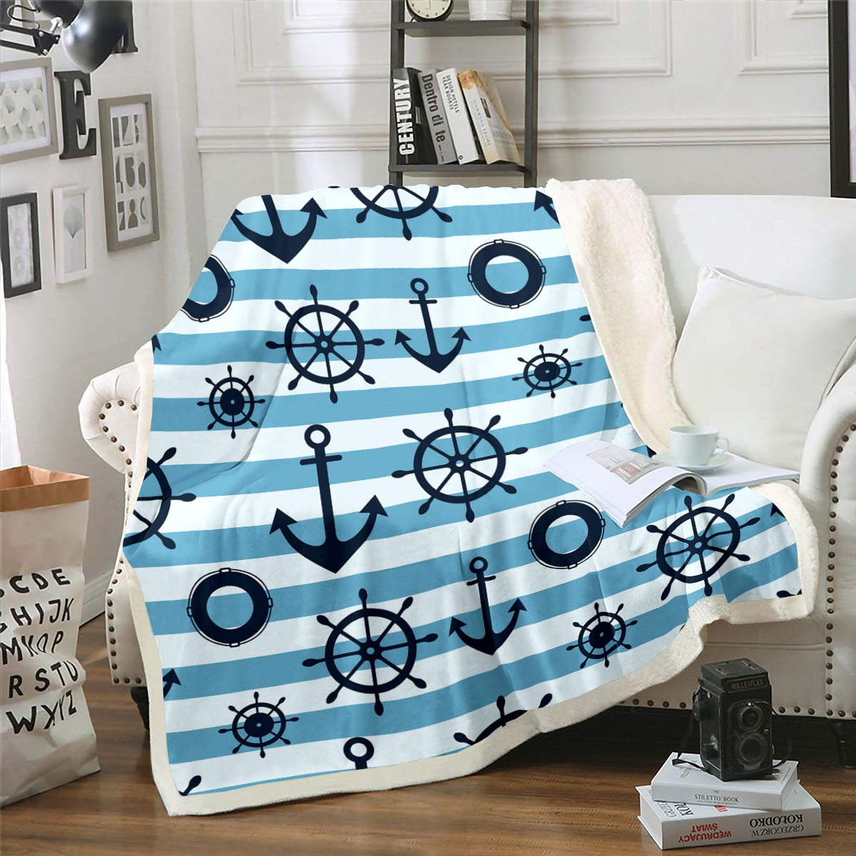 Nautical Anchor Plush Blanket, Navy Blue And White Stripes Throw ...
