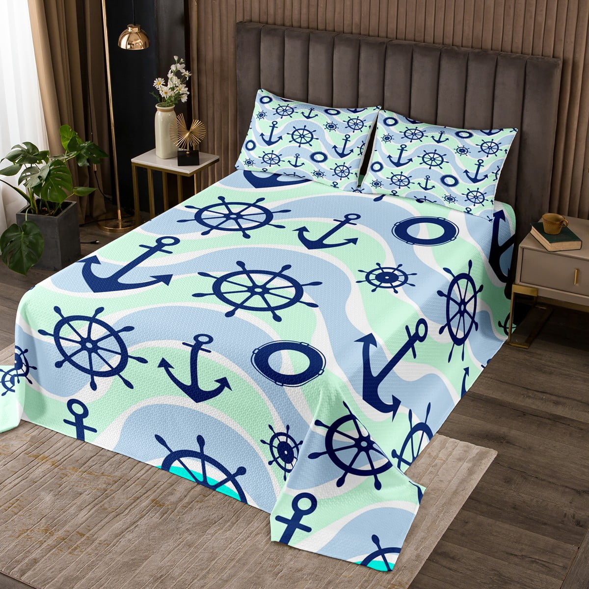 Nautical Anchor Quilt Set Queen, Blue And Green Geometric Striped ...