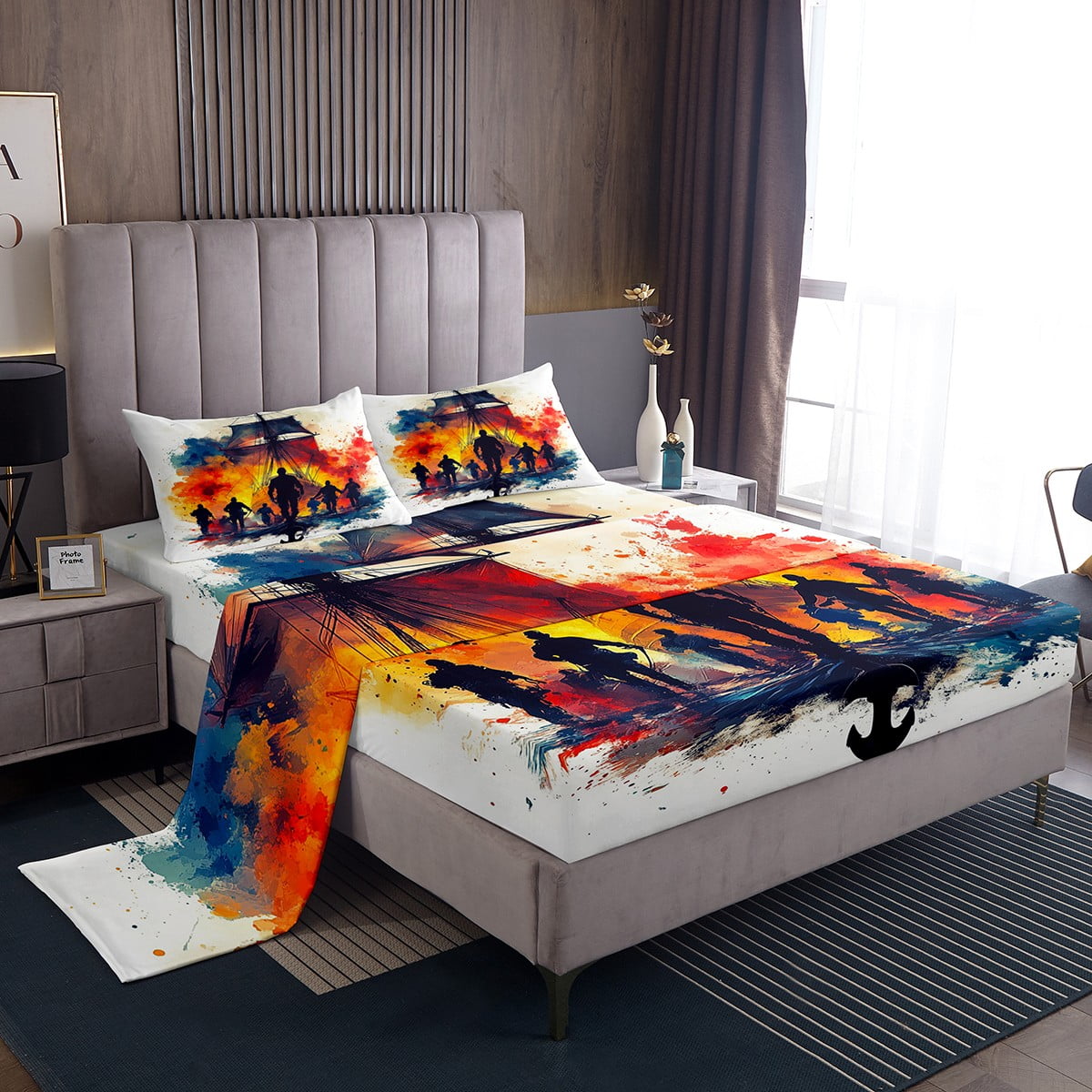 Nautical Anchor Sailboat Queen Bed Sheets Set,Ocean Marine Theme ...