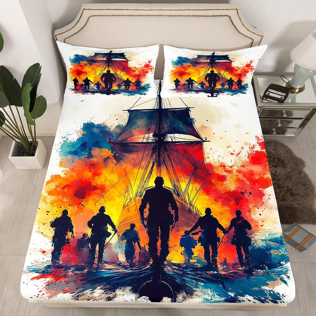 Nautical Anchor Sailboat Queen Fitted Sheet,Ocean Marine Theme Sailing ...