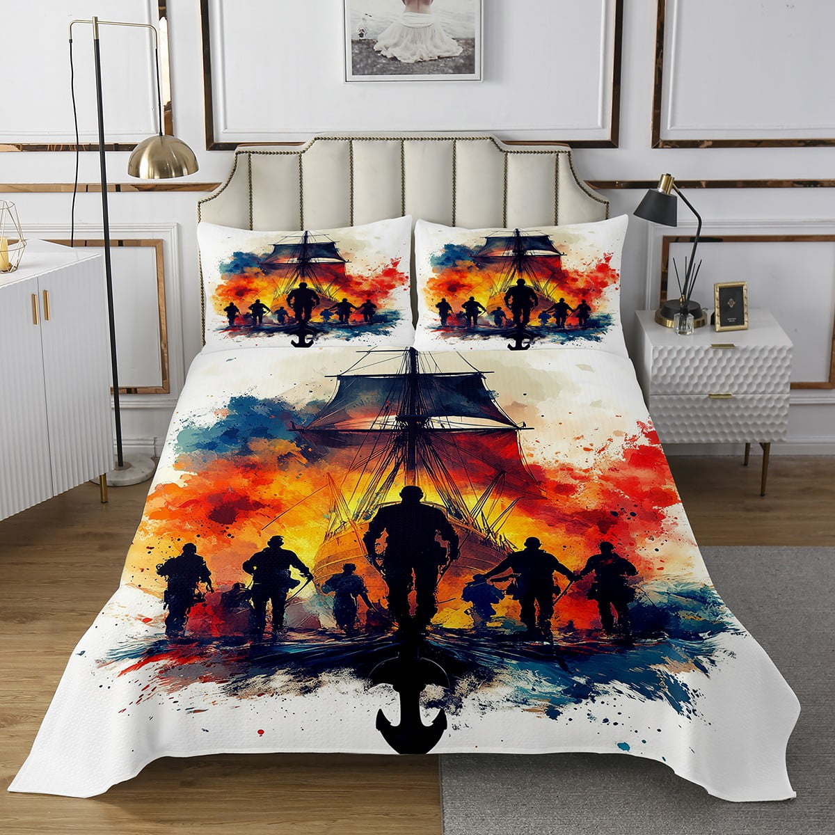 Nautical Anchor Sailboat Queen Quilt Set,Ocean Marine Theme Sailing ...