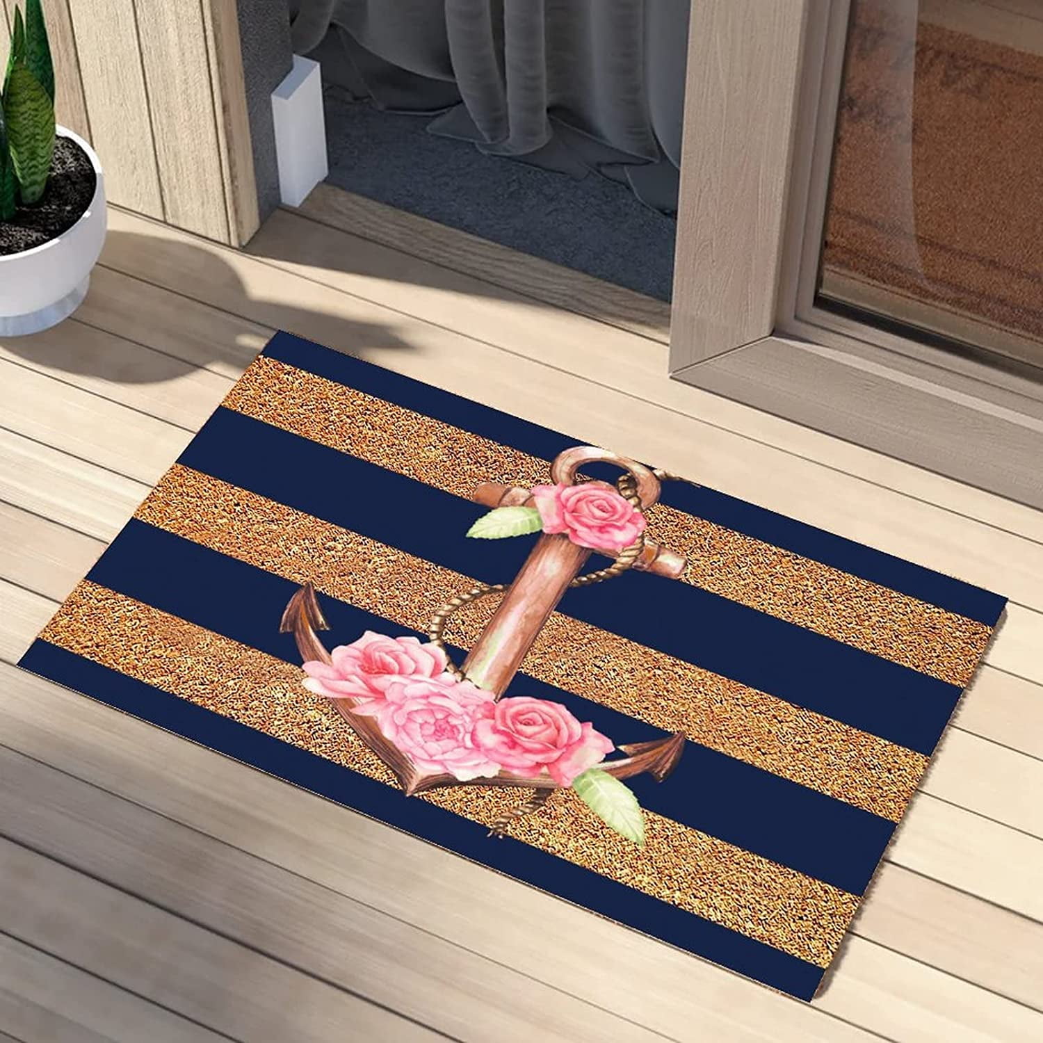 Nautical Anchor Sea Ocean Black Stripe Welcome Mat Entry Patio Busy ...