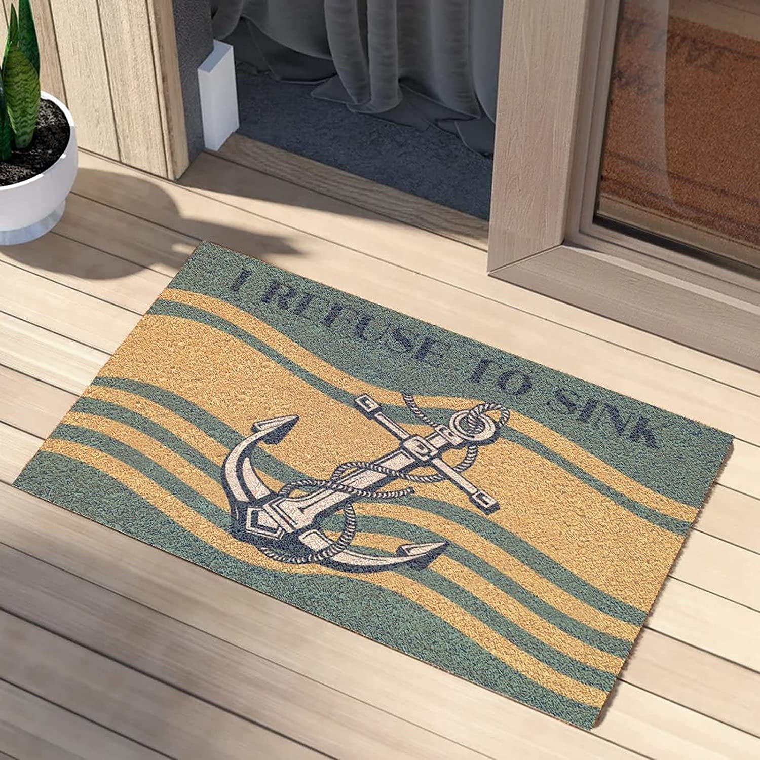 Nautical Anchor Sea Ocean Door Mat Coconut Coir Blue Stripe Entry Patio ...
