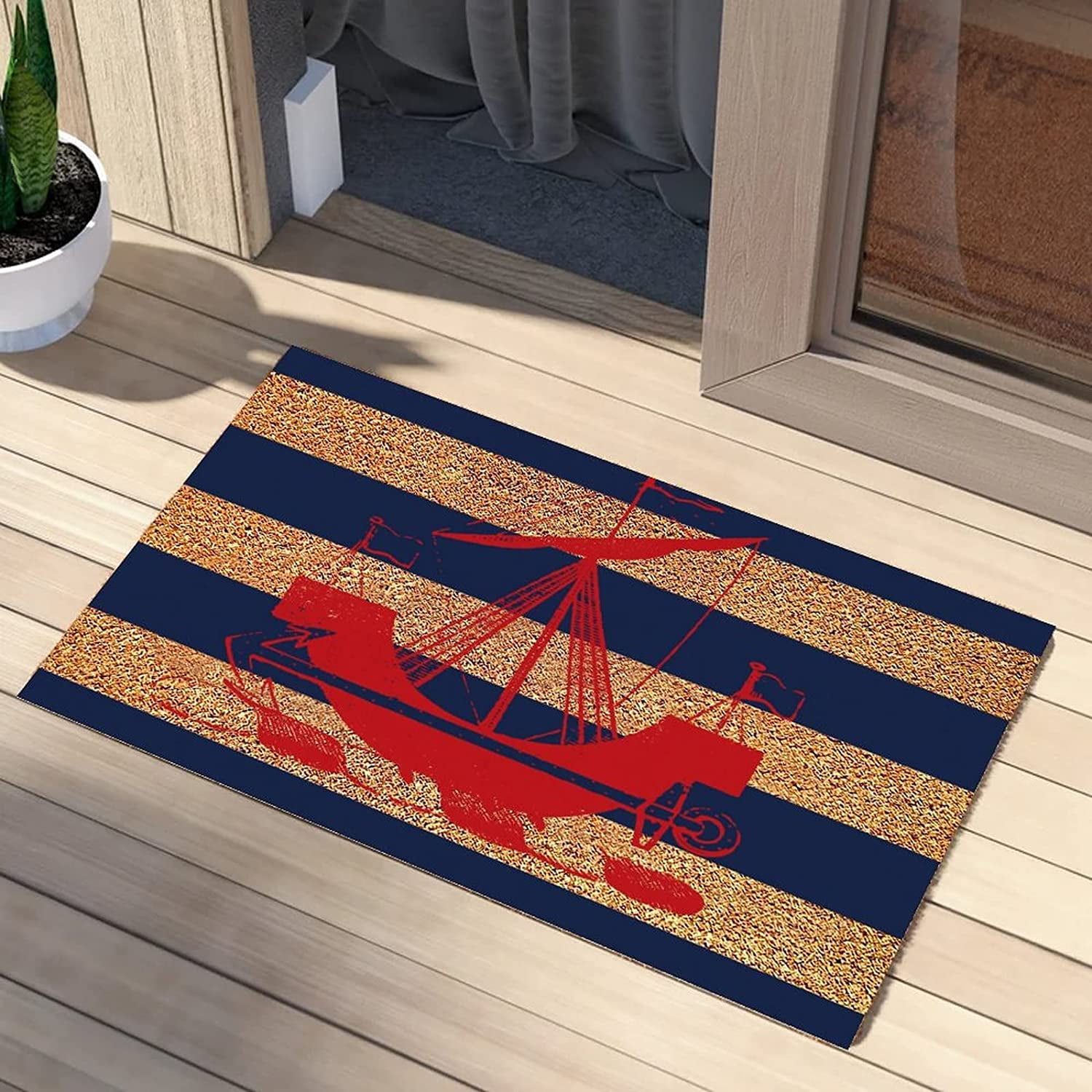 Nautical Anchor Sea Ocean Door Mats Coconut Coir Black Stripe Entry ...