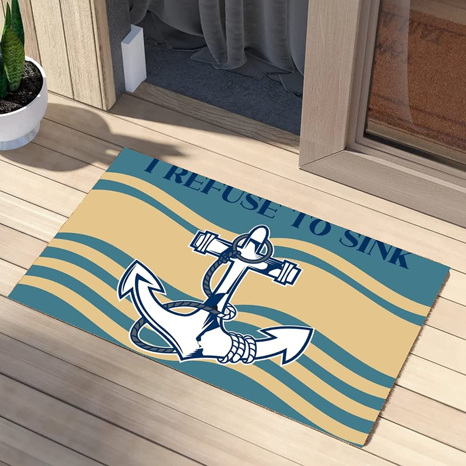 Nautical Anchor Sea Ocean Entry Mat Coconut Coir Blue Stripe Inside ...