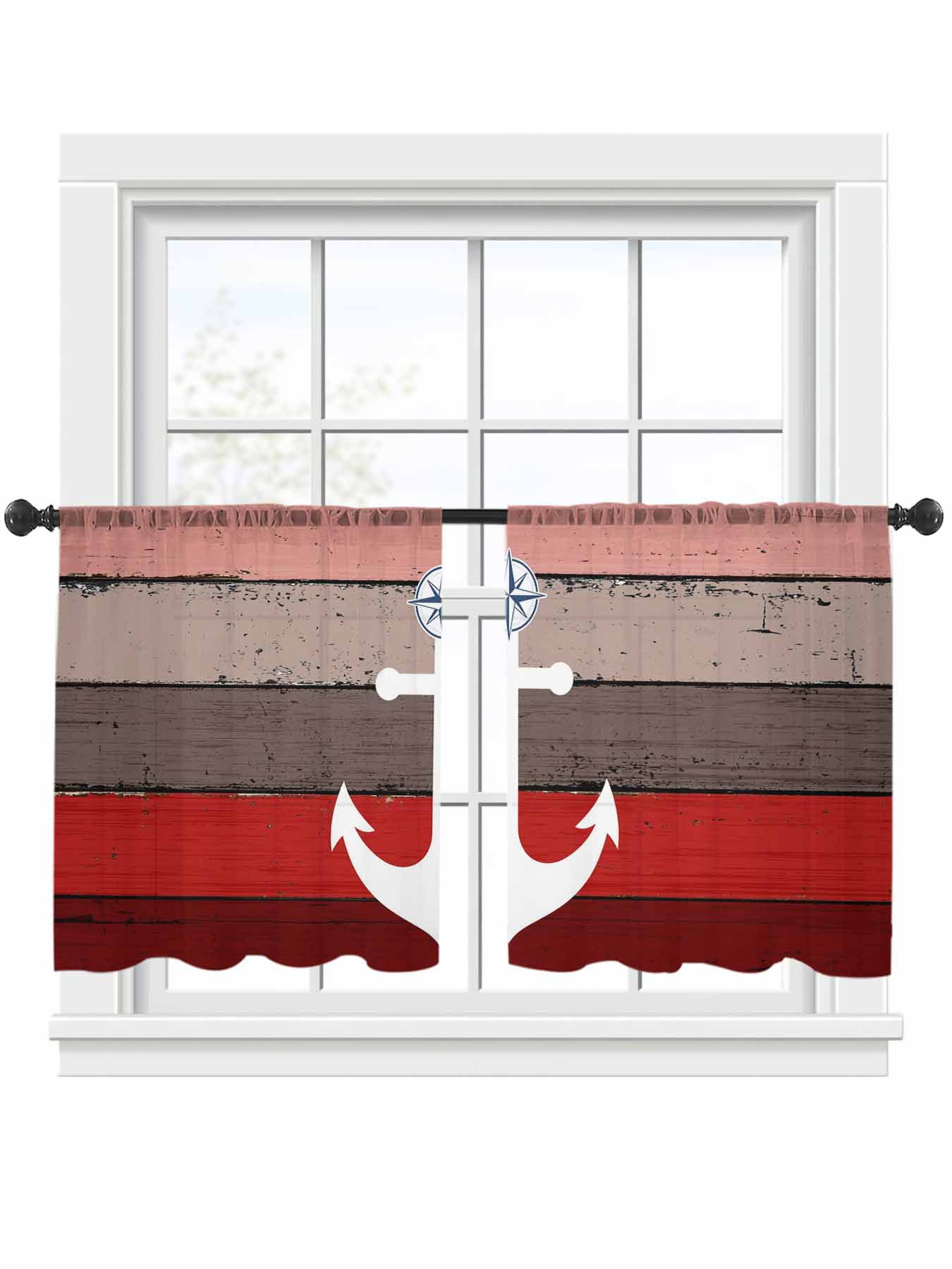 Nautical Anchor Sheer Curtains 45 Inch Length 2 Panels Set, Semi ...