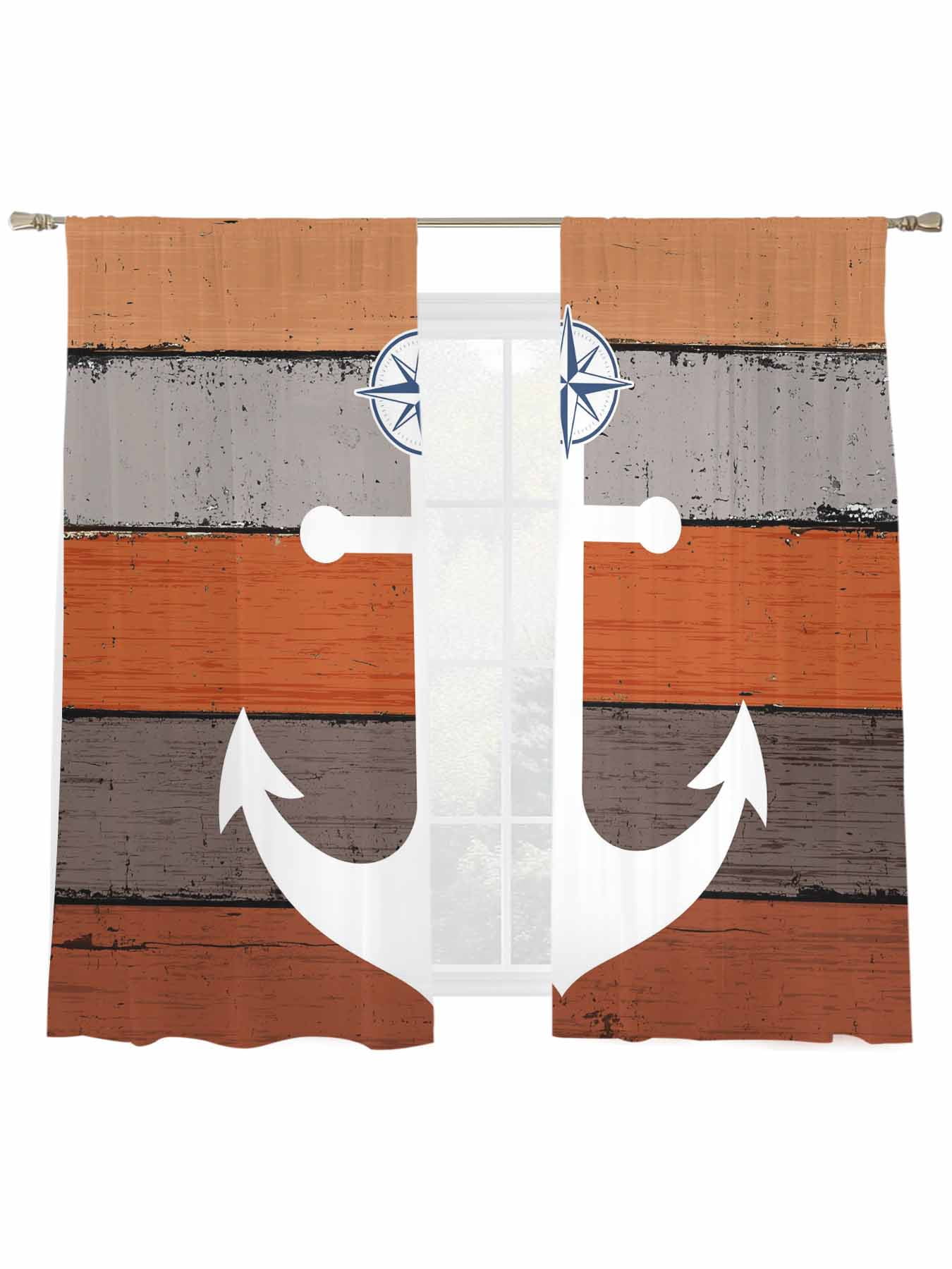 Nautical Anchor Sheer Curtains 63 Inch Length 2 Panels Set, Semi ...