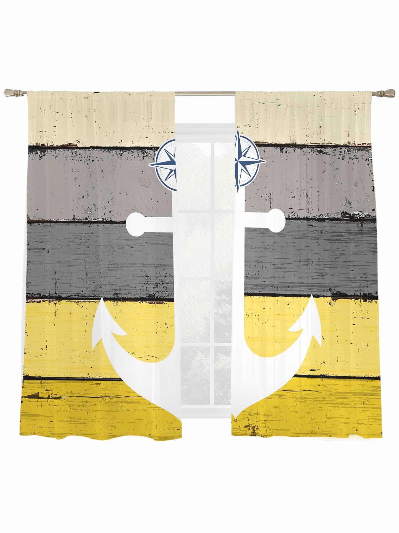 Nautical Anchor Sheer Curtains 63 Inch Length 2 Panels Set, Semi ...