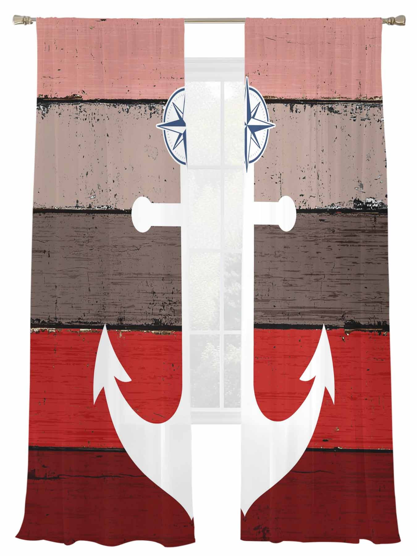 Nautical Anchor Sheer Curtains 84 Inch Length 2 Panels Set, Semi ...