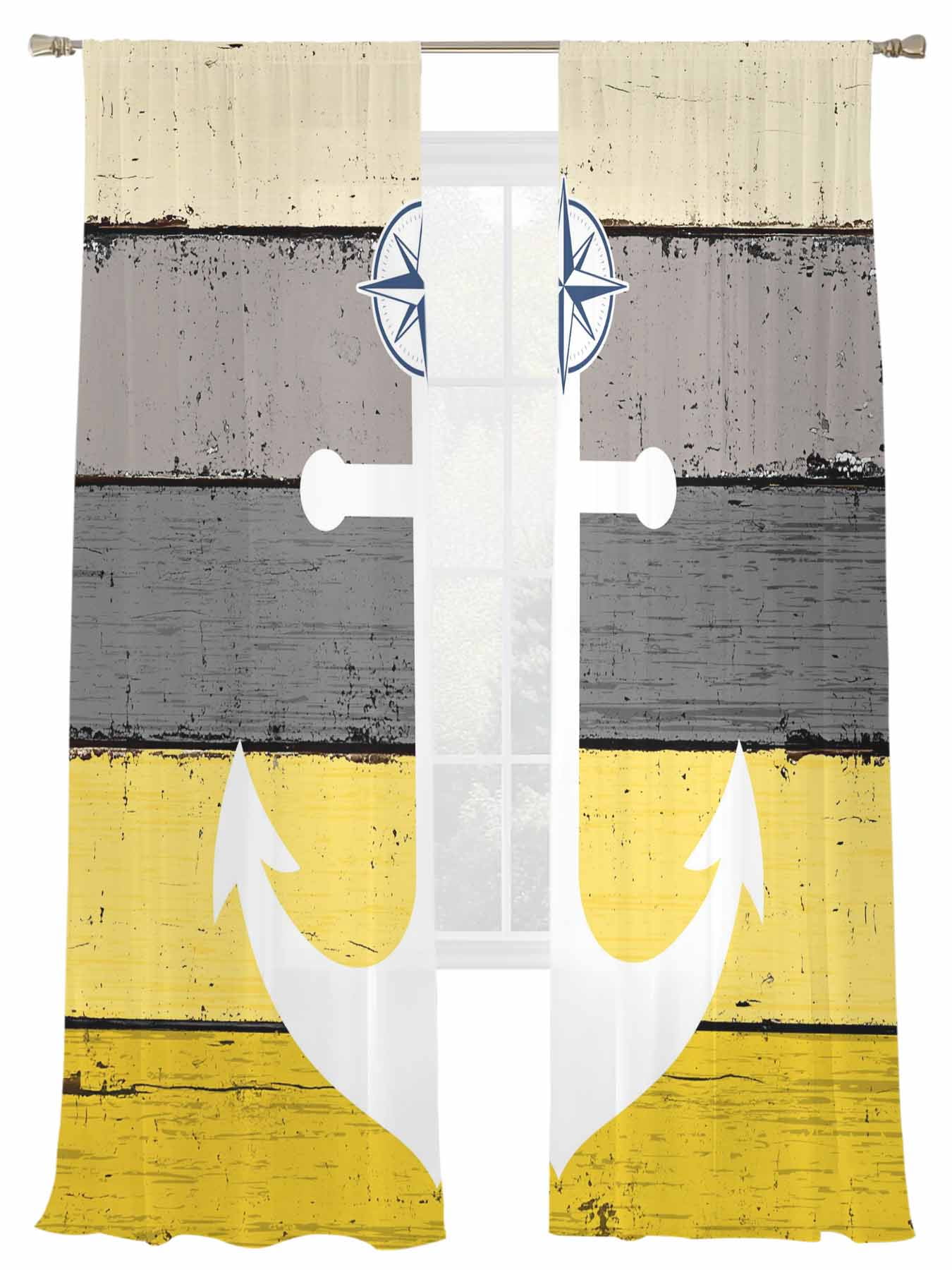 Nautical Anchor Sheer Curtains 84 Inch Length 2 Panels Set, Semi ...
