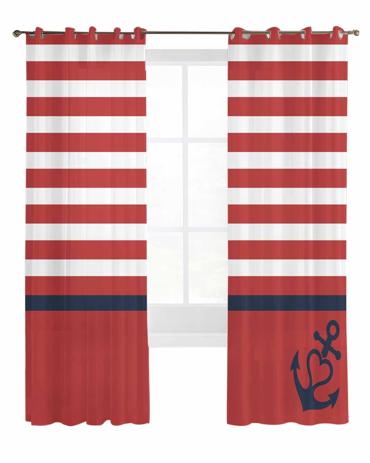 Nautical Anchor Sheer Curtains 90 Inch Length 2 Panels Red White ...