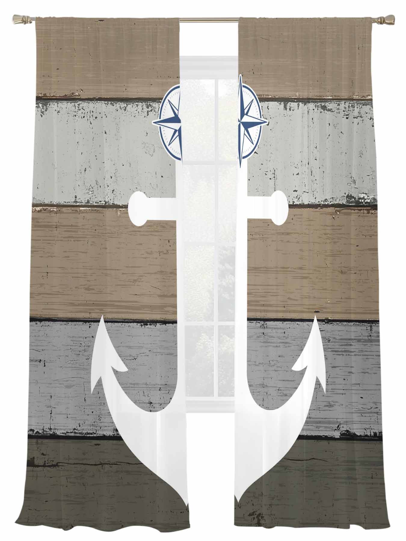 Nautical Anchor Sheer Curtains 96 Inch Length 2 Panels Set, Semi ...