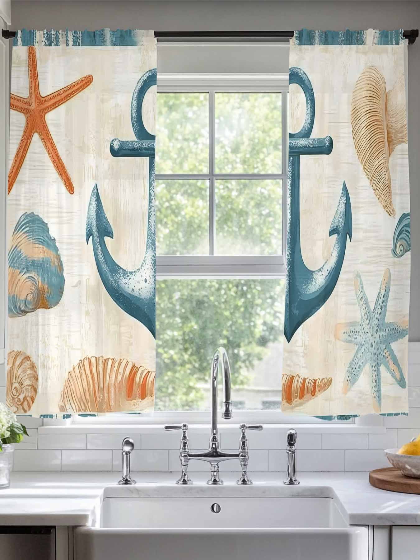 Nautical Anchor Sheer Curtains for Living Room Bedroom Coastal Ocean ...