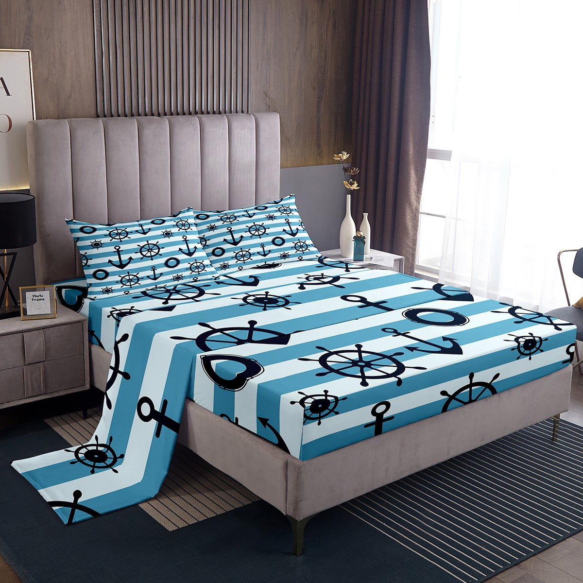 Nautical Anchor Sheet Set Full, Navy Blue And White Stripes Bed Sheets ...
