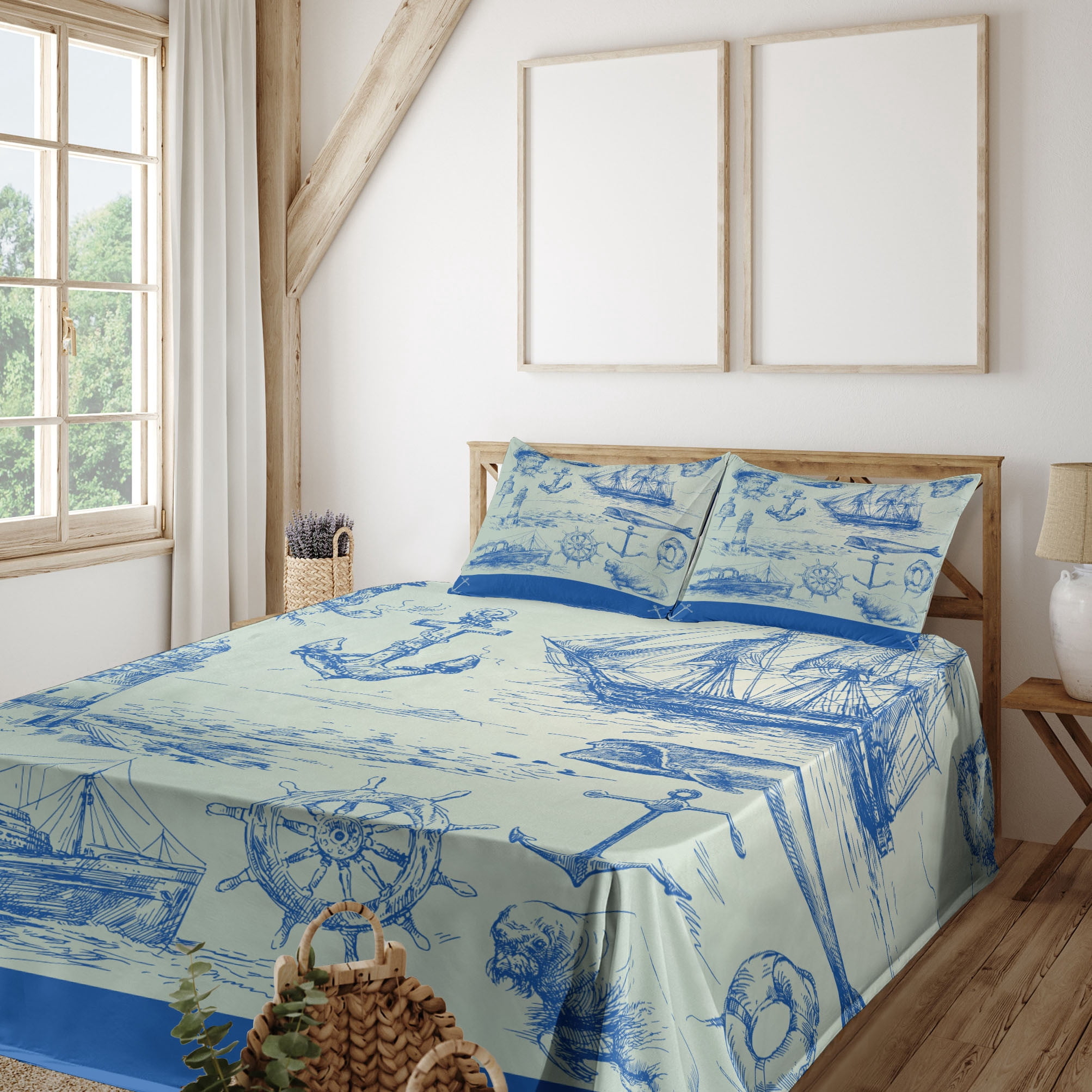 Ambesonne Fishing Fitted & Top Sheet Set with Shams, Whale Wheel Sketch ...