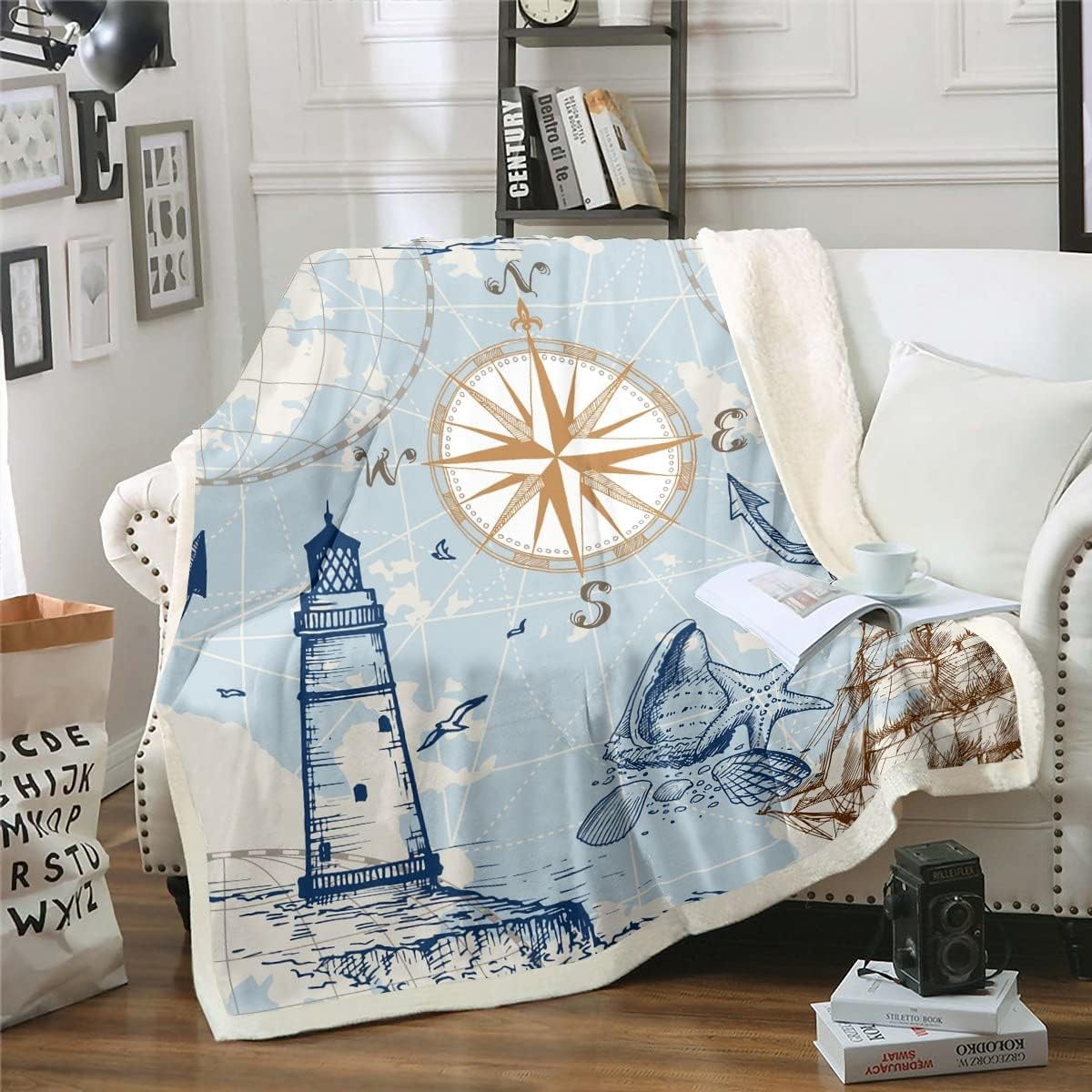 Nautical Anchor Sherpa Blanket Vintage Sail Boat Lighthouse Blanket ...