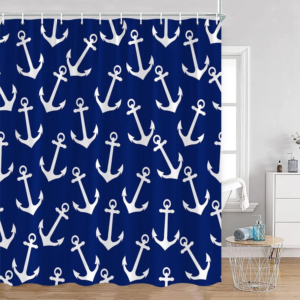 Nautical Anchor Shower Curtains Navy Blue Coastal Beachy Bath