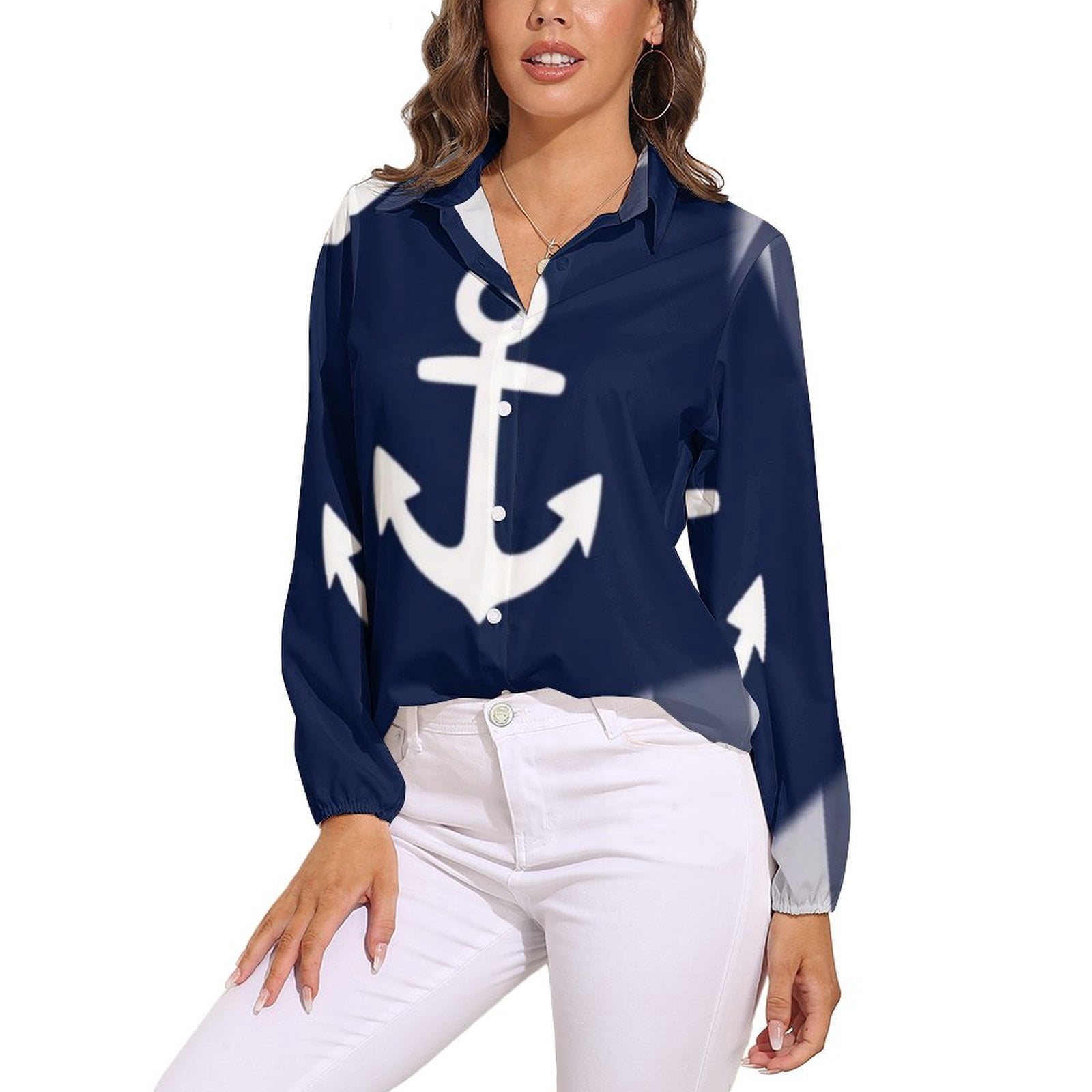 Nautical Anchor Stripe Pattern(1) Vntage Casual Long Sleeve Shirt ...