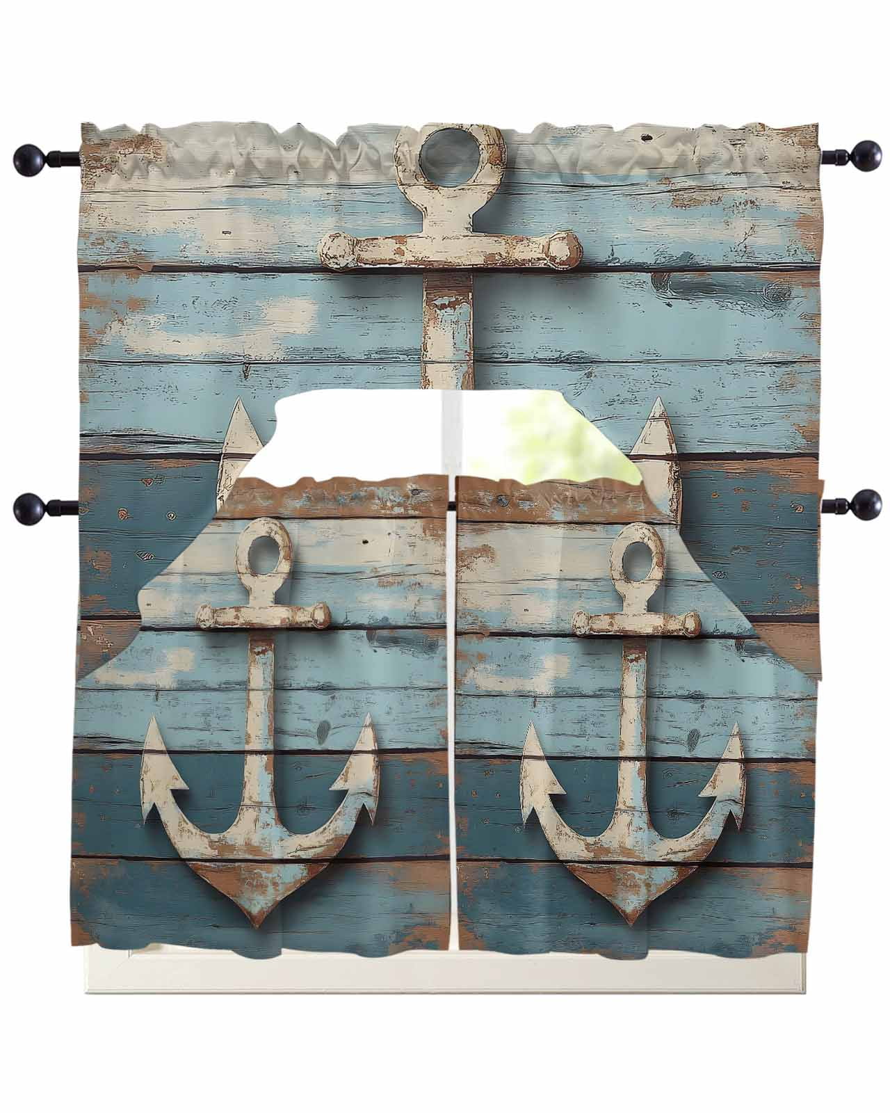Nautical Anchor Swag Valance and Tier Curtains Set Vintage Style Blue ...