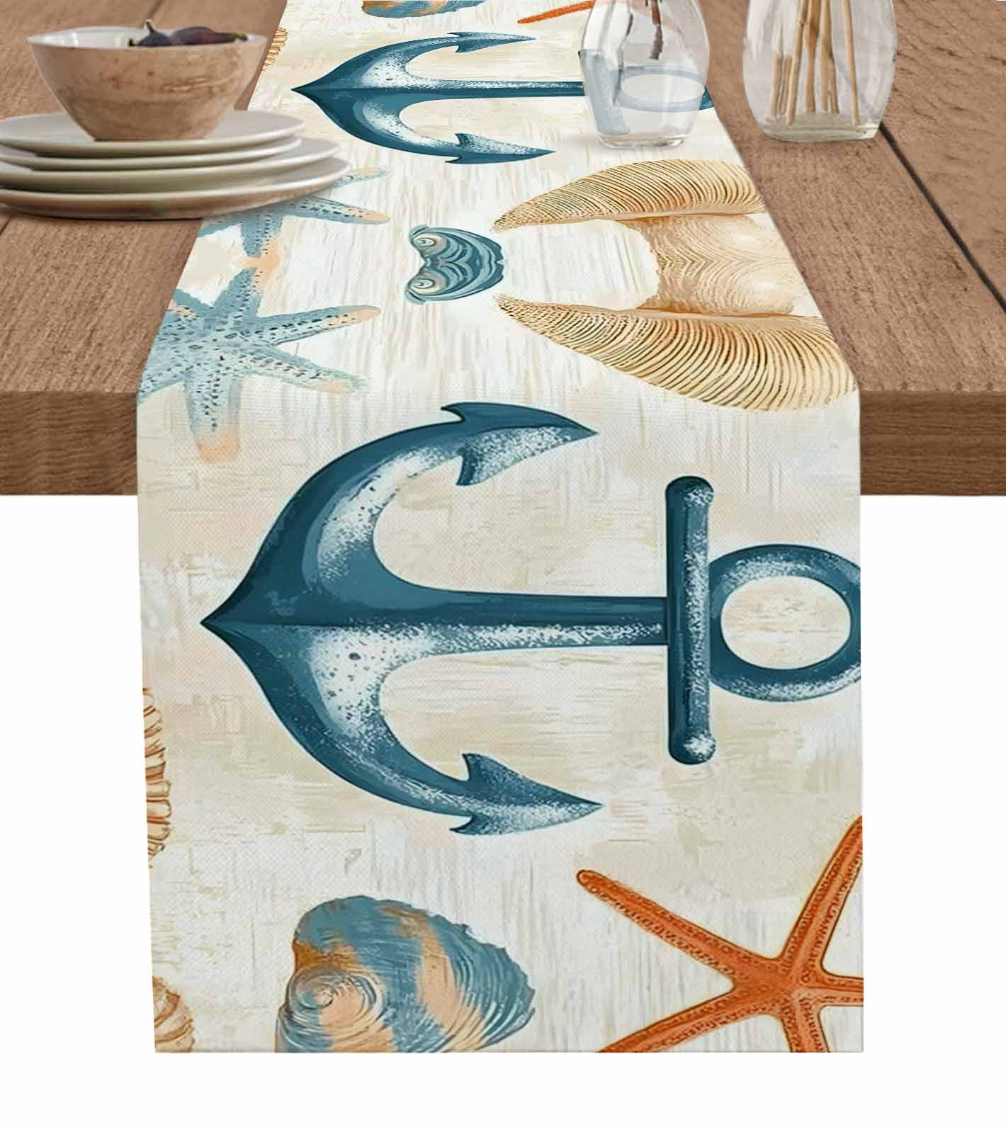 Nautical Anchor Table Runner 36 Inches, Coastal Ocean Vintage Starfish ...