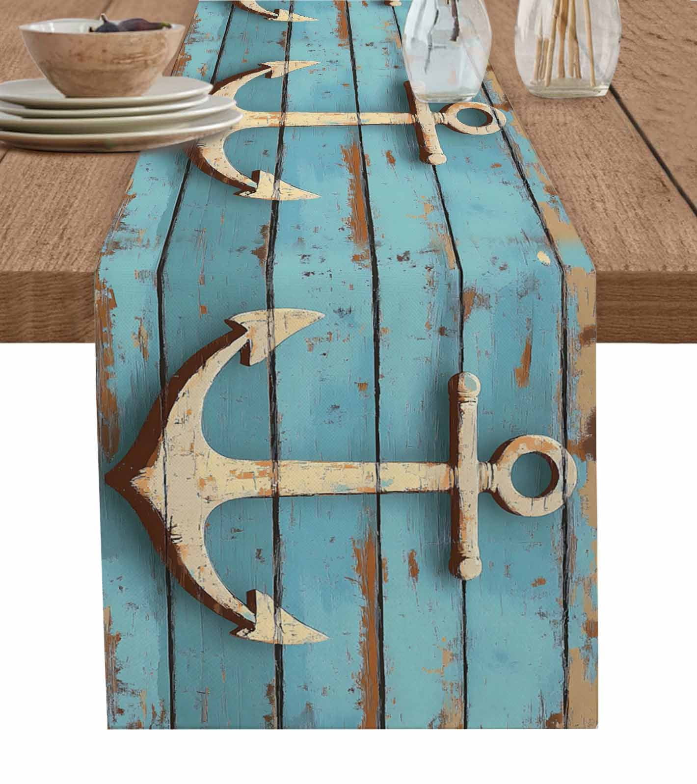 Nautical Anchor Table Runner 36 Inches, Farmhouse Retro Turquoise ...