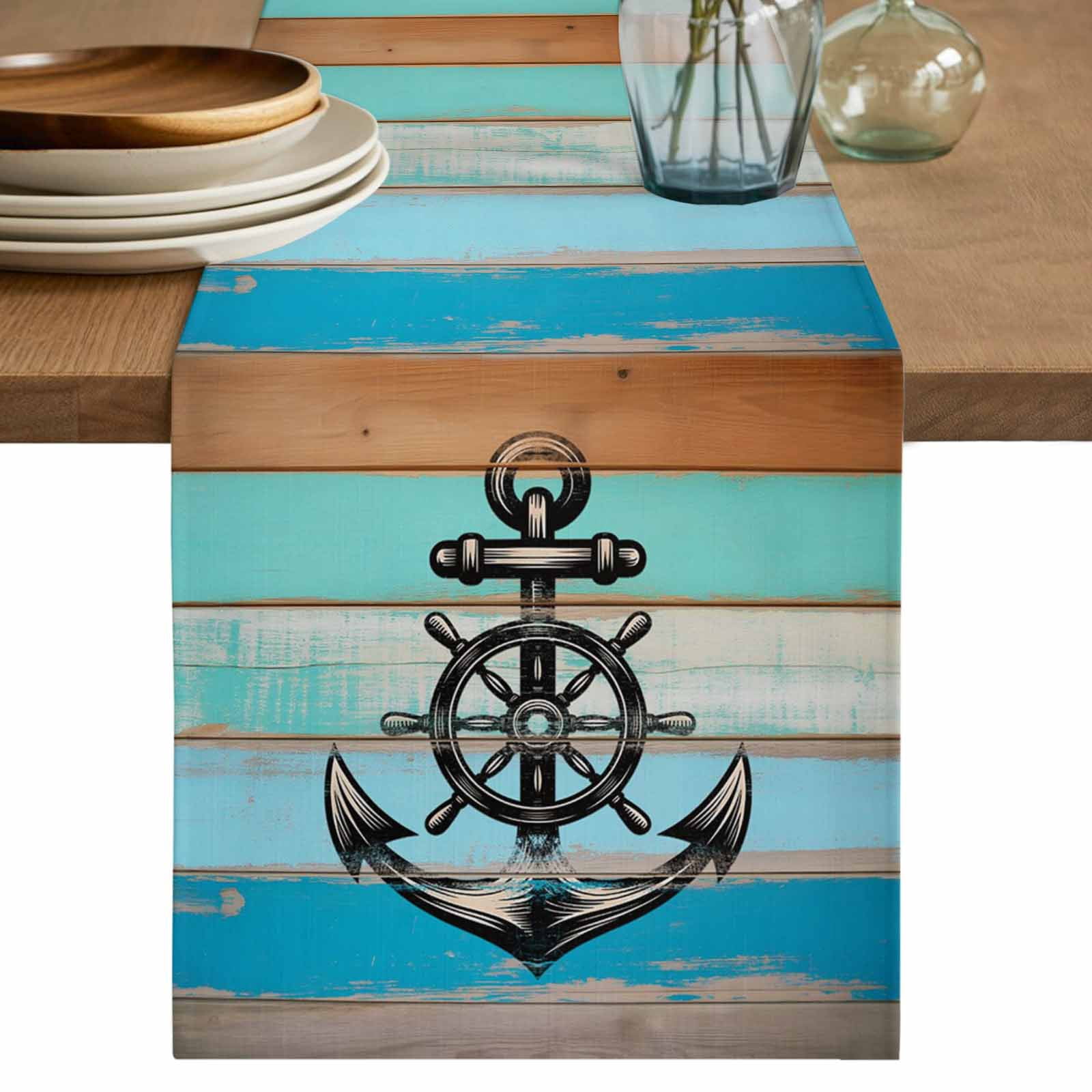 Nautical Anchor Table Runner 36 Inches, Retro Blue Brown Wooden Boards ...