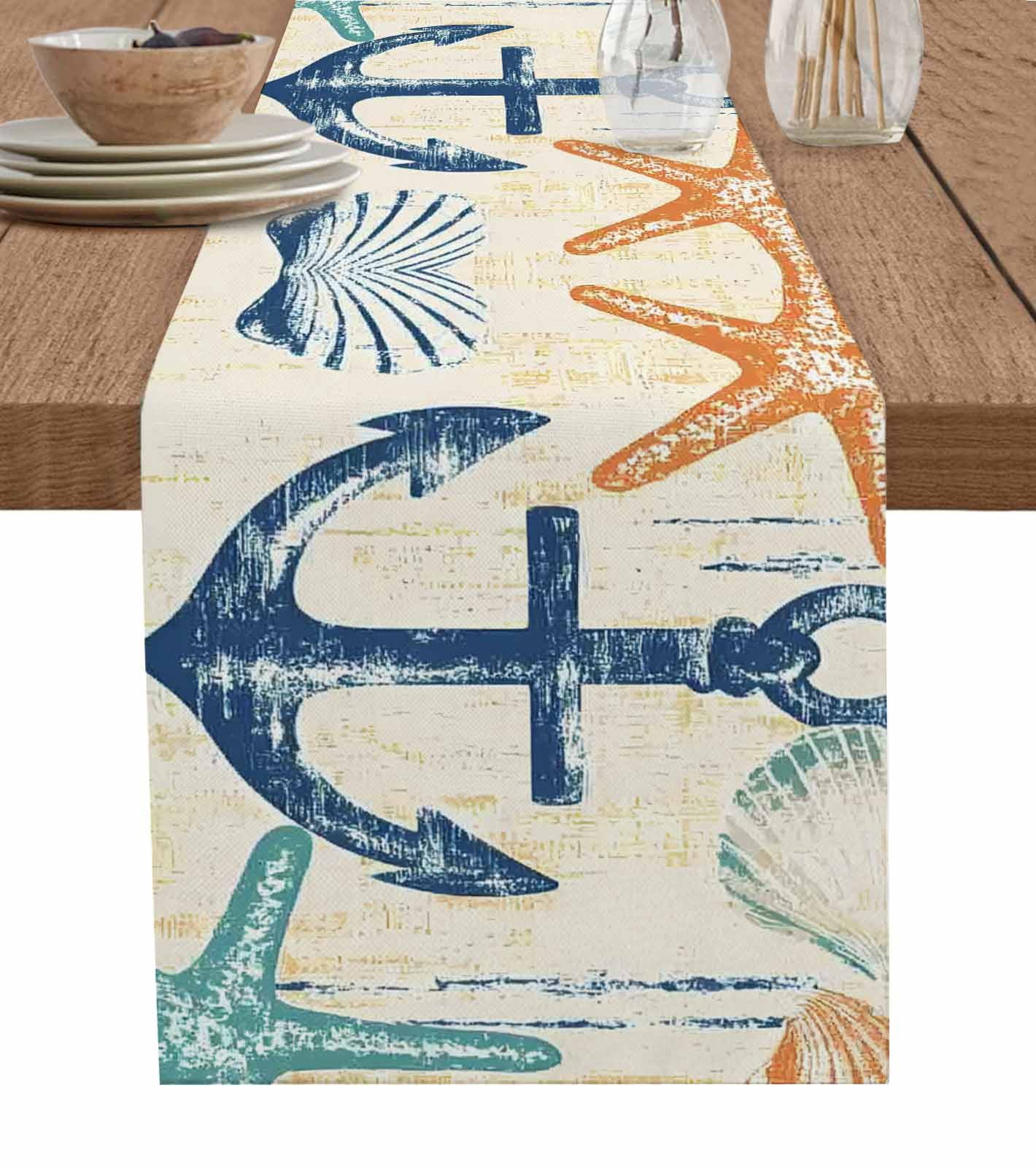 Nautical Anchor Table Runner 60 Inches, Summer Coastal Ocean Vintage ...