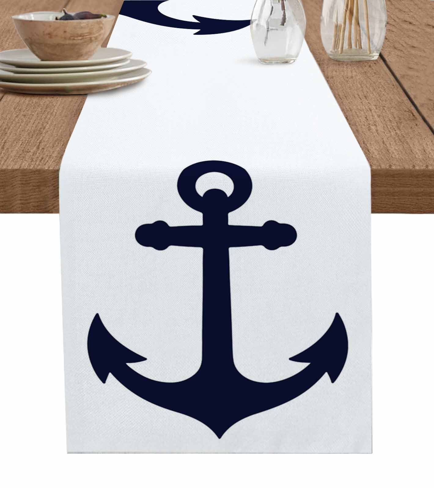 Nautical Anchor Table Runner 72 Inches, Farmhouse Minimalist White ...