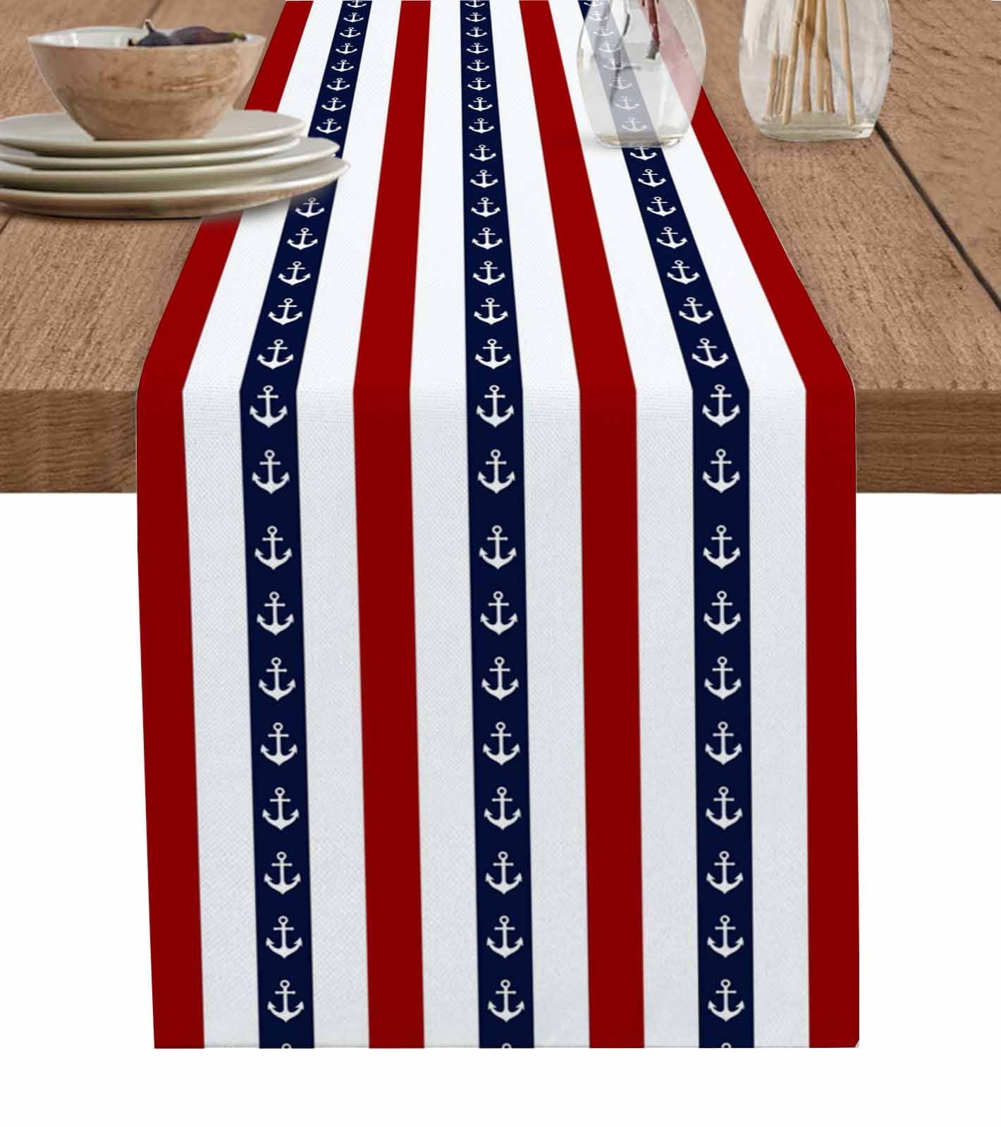 Nautical Anchor Table Runner 72 Inches, Red Navy Blue White Stripe ...