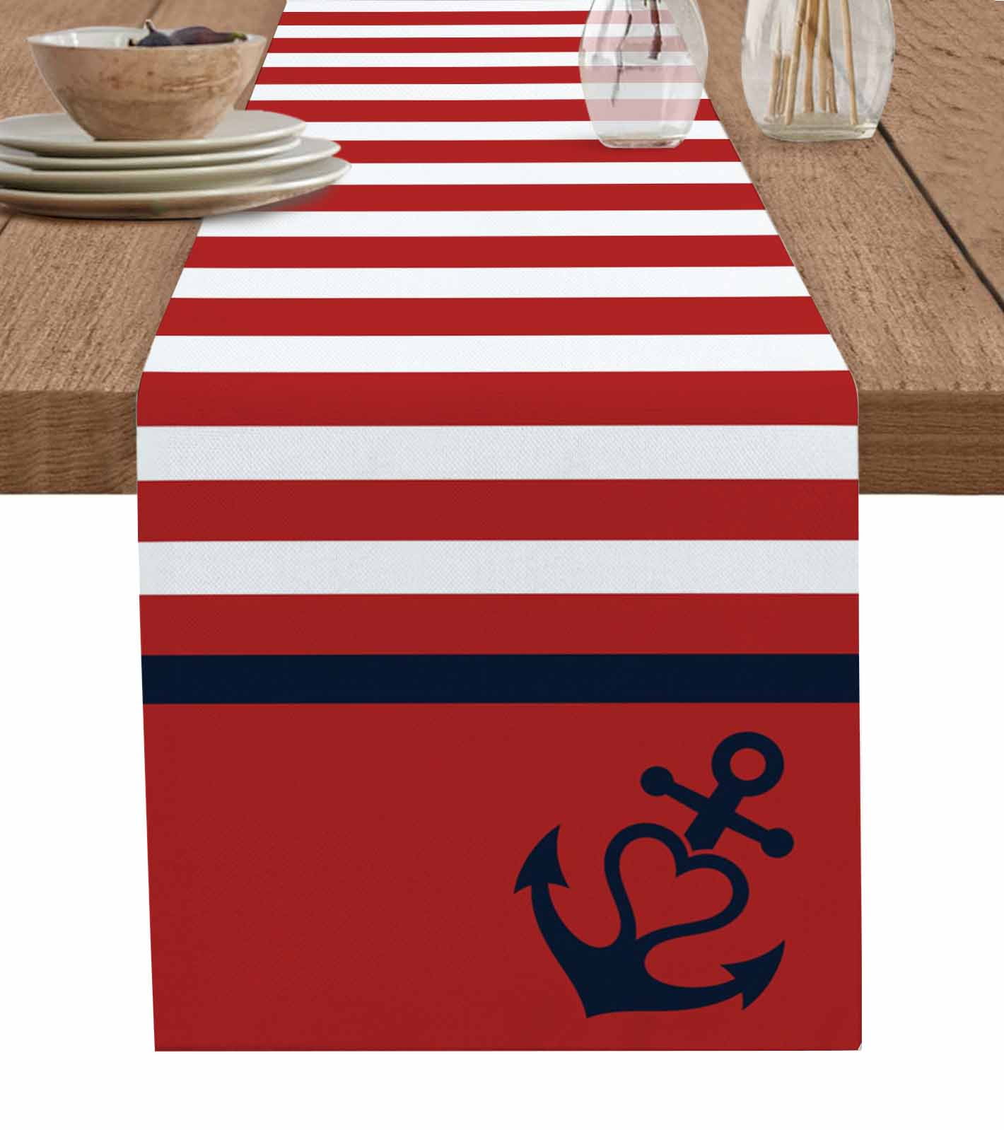 Nautical Anchor Table Runner 72 Inches, Red White Geometric Horizontal ...