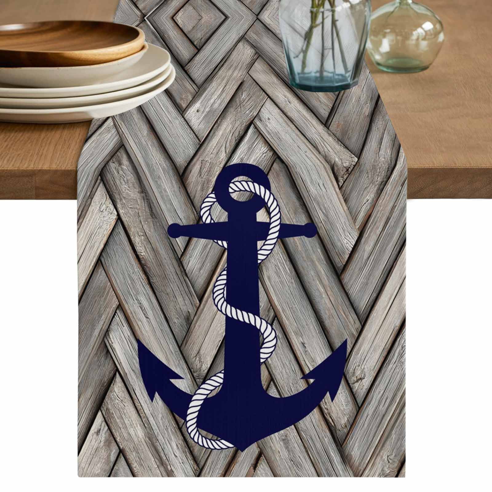 Nautical Anchor Table Runner 72 Inches, Summer Coastal Ocean Vintage ...