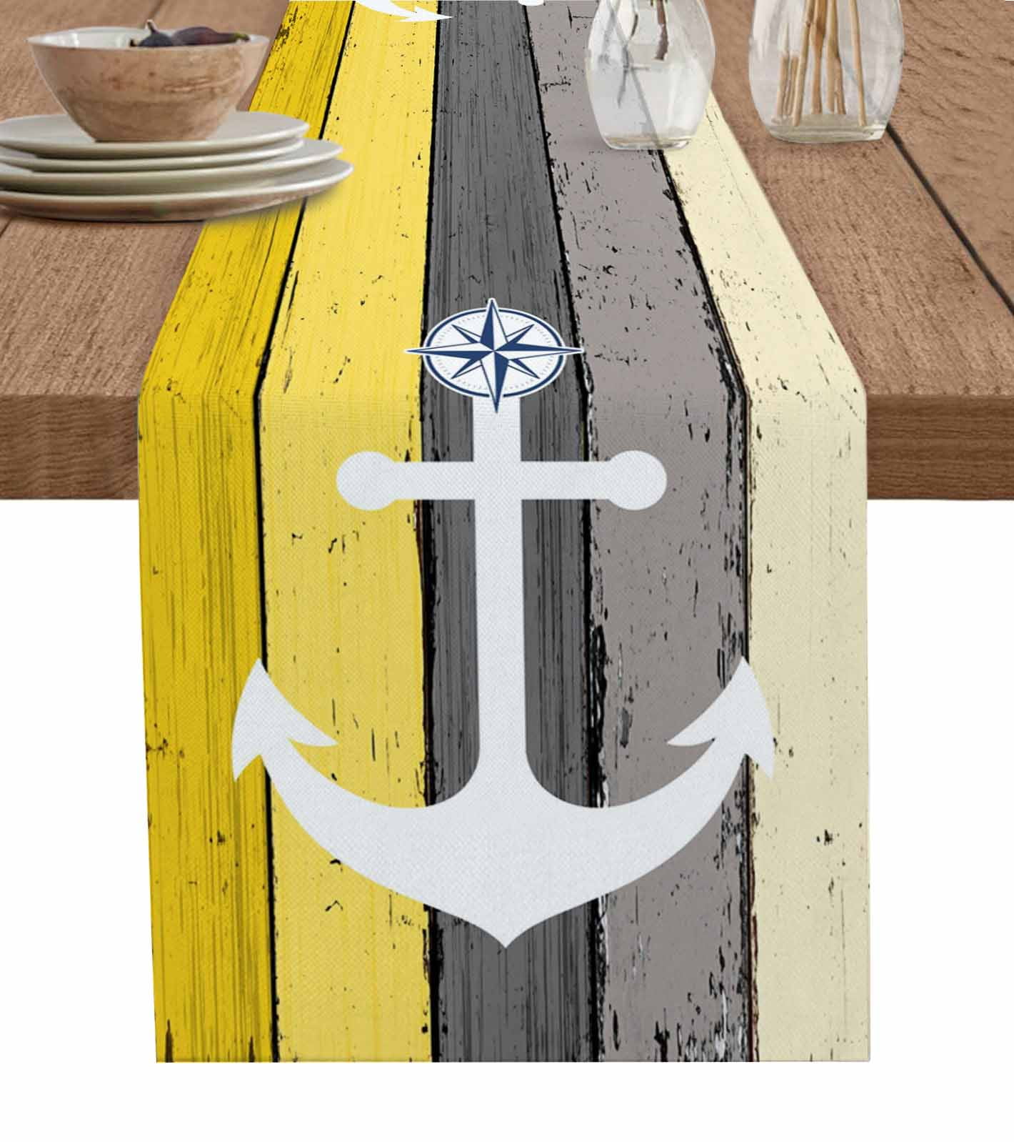 Nautical Anchor Table Runner 90 Inches, Yellow Gray Gradient Wooden ...