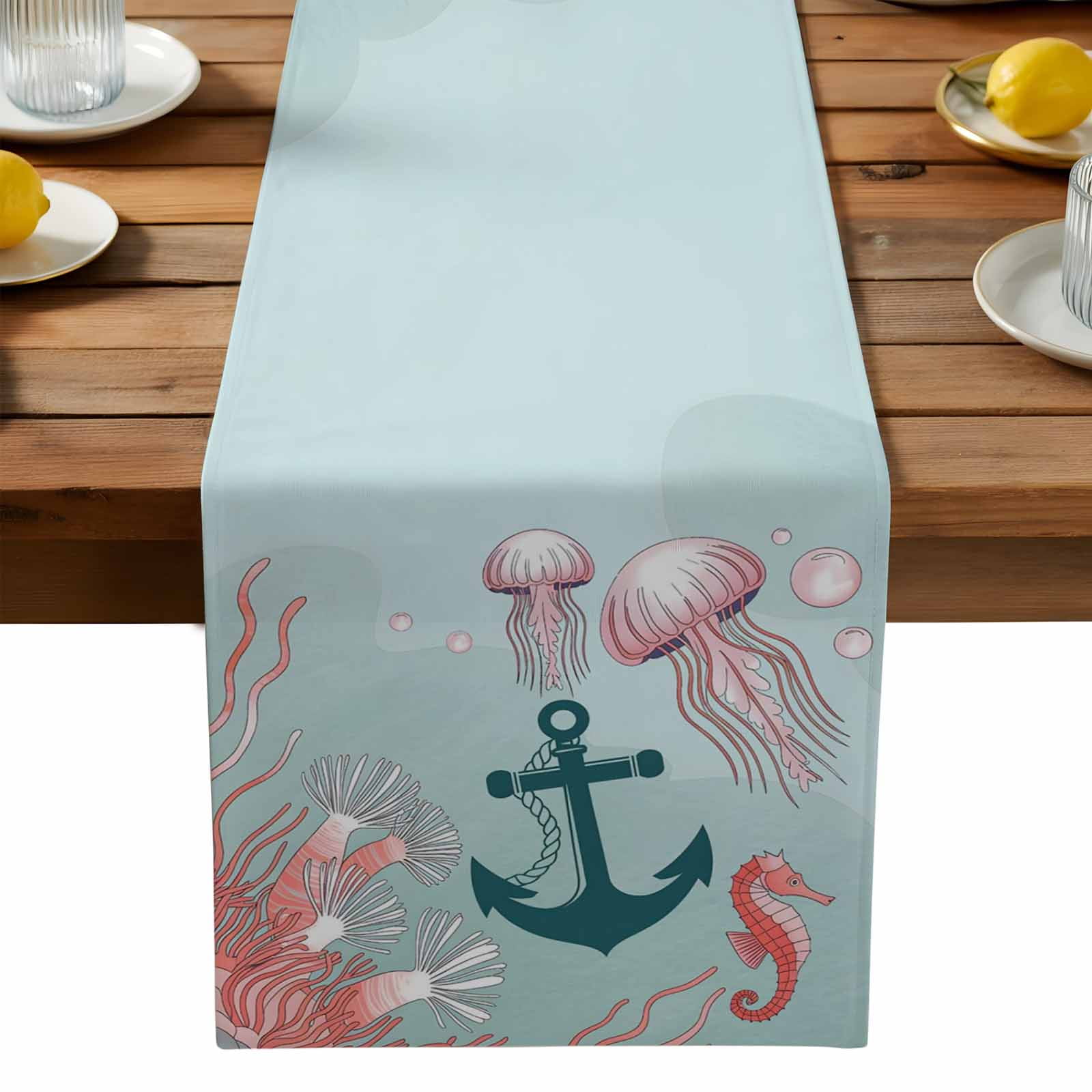 Nautical Anchor Table Runner, Pink Jellyfish Seahorse Coral Ocean ...
