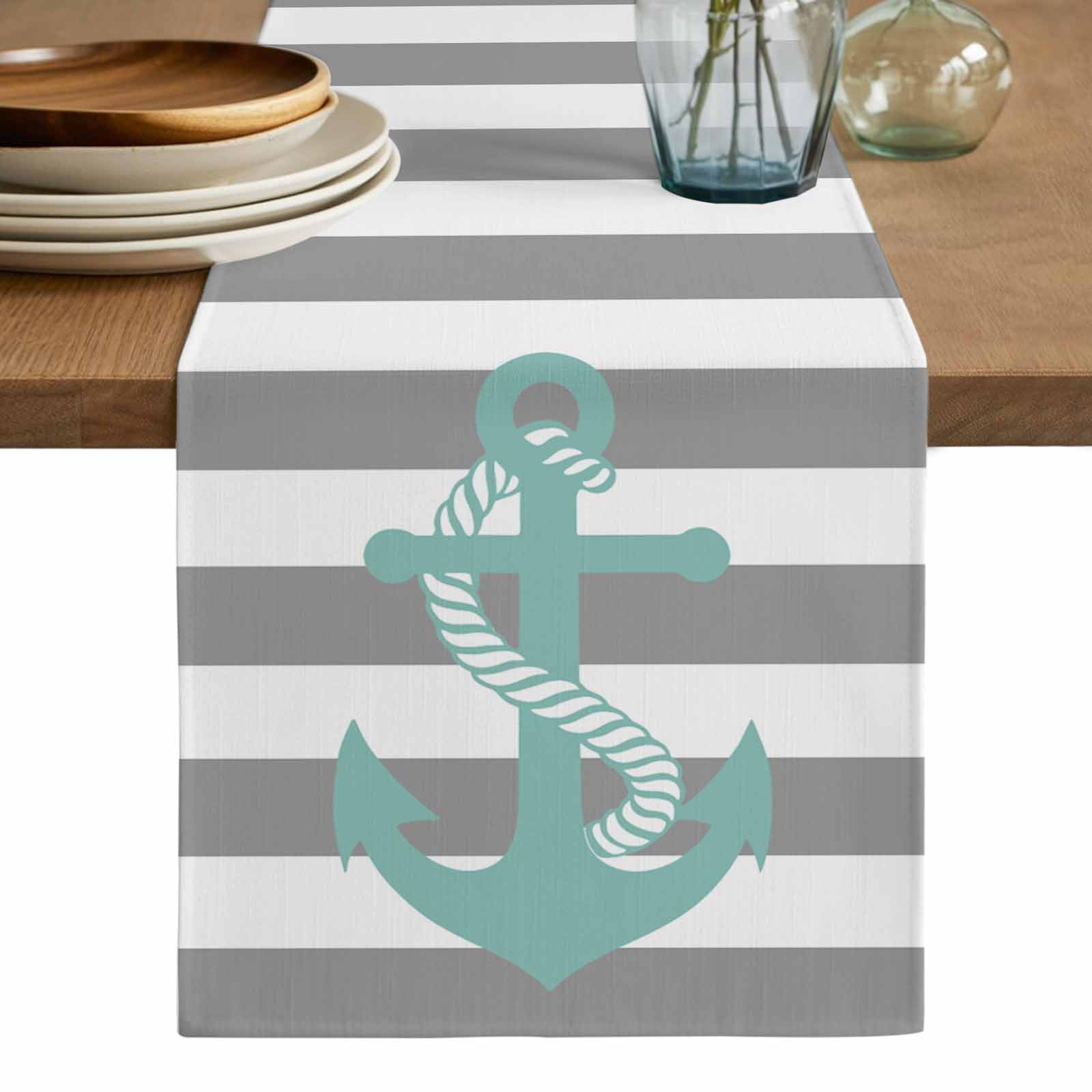 Nautical Anchor Table Runner, Turquoise Grey White Horizontal Stripe ...