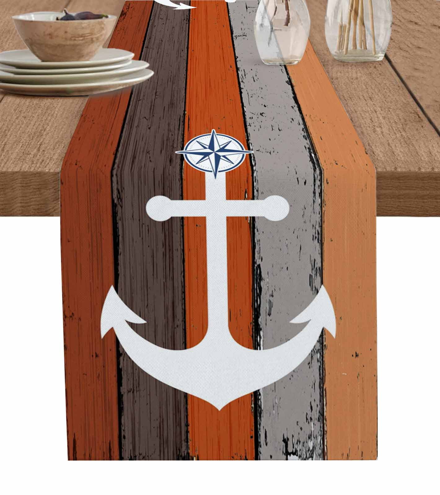 Nautical Anchor Table Runner Vintage Orange Brown Wooden Grain ...