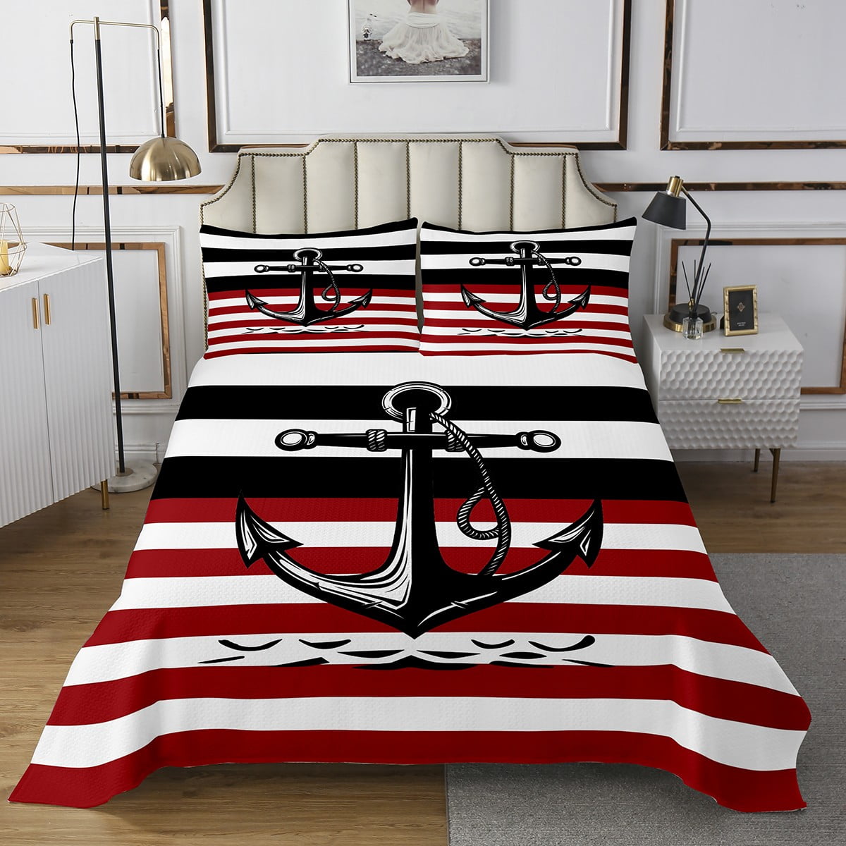 Nautical Anchor Twin Quilt Set,Red Black and White Striped Bedding Set ...